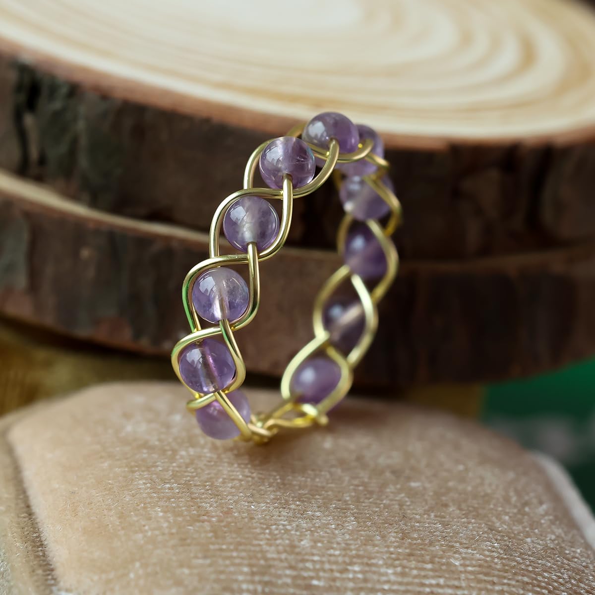 Tsnamer Carnelian Crystal Ring, Handmade Wire Wrap Beaded Braided Real Carnelian Crystal Ring, Healing Crystal Gold Rings for Women Eternity Bands for Women Statement Stackable Ring (Carnelian-Gold-7)