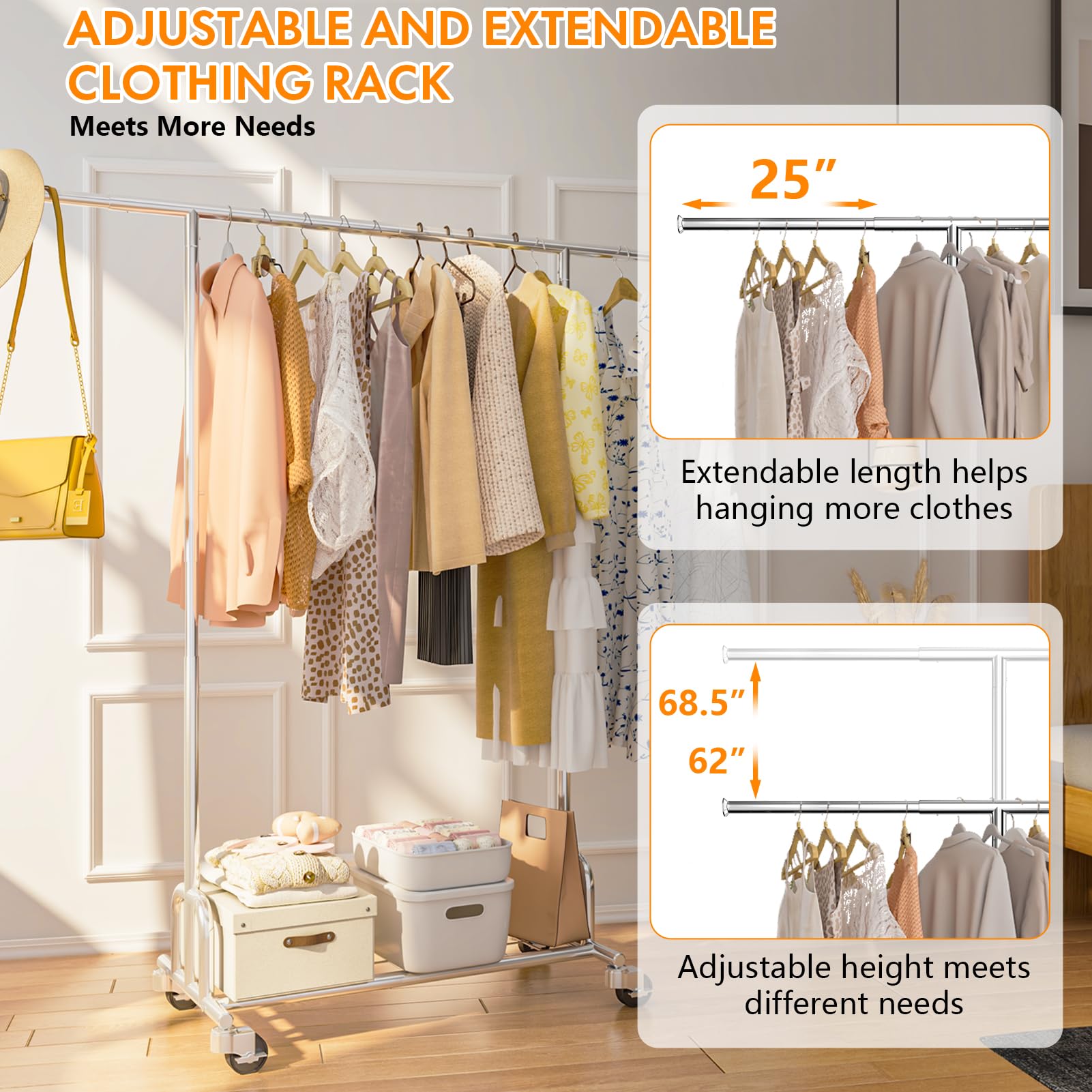 Rolling Garment Rack Heavy Duty Clothing Racks for Hanging Clothes Load 320lbs Commercial Garment Rack On Wheels Heavy Duty Clothing Rack with Shelves