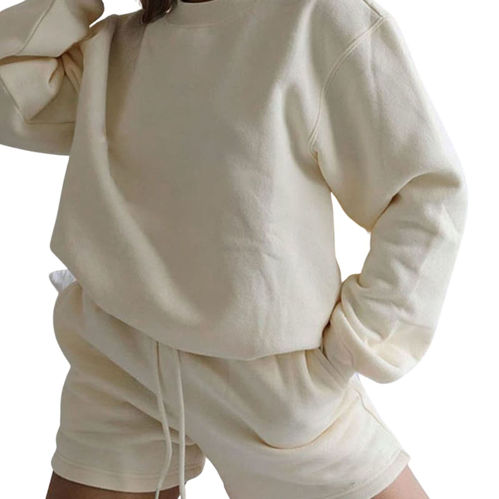 Tsnbre Womens Short Sets 2 Piece Outfits Long Sleeve Solid Pullover Sweatshirt + Loose Sweat Shorts Set (Apricot, Small)