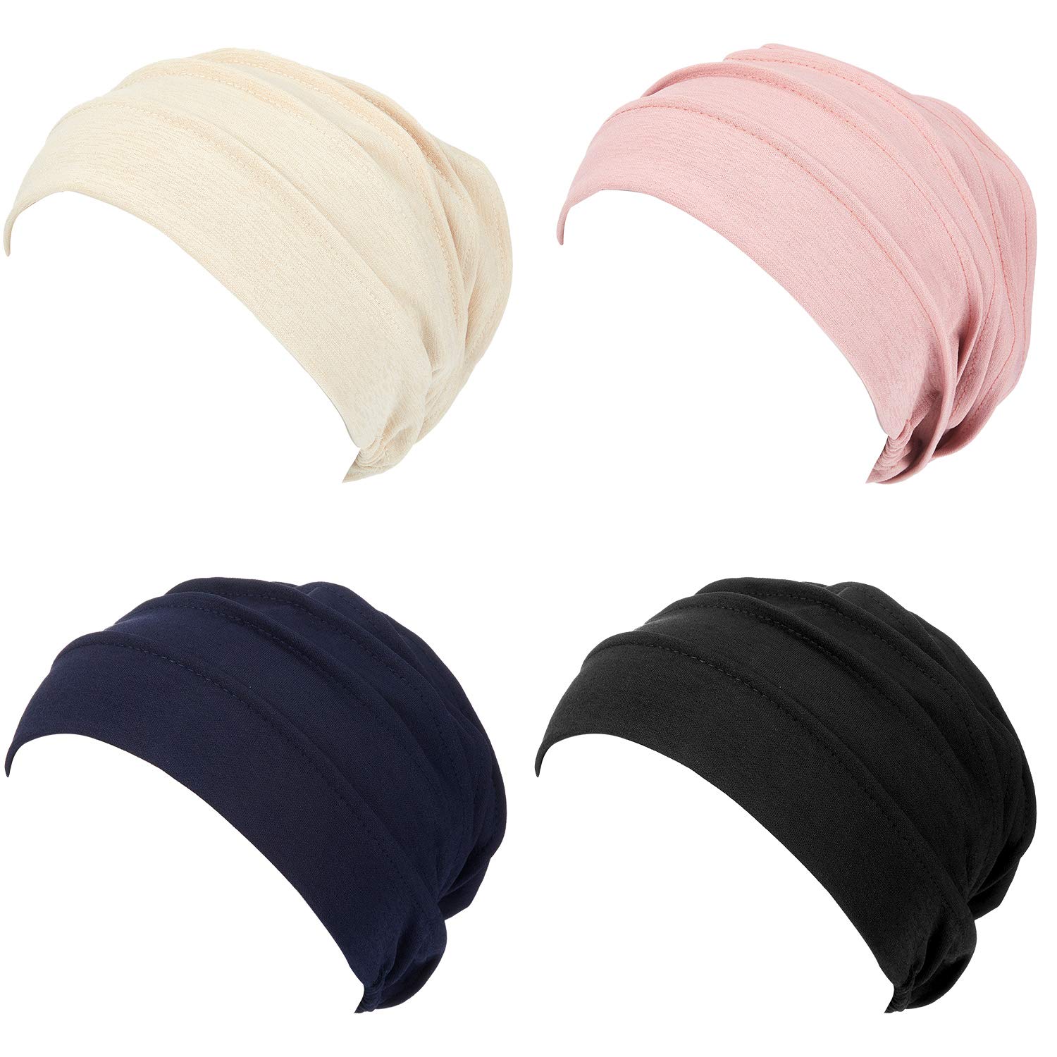 Syhood 4 Pieces Slouchy Beanies Hats Soft Cotton Sleep Cap Stretchy Sleeping Cap Headwear for Women (Black, Navy, Pink, Beige)