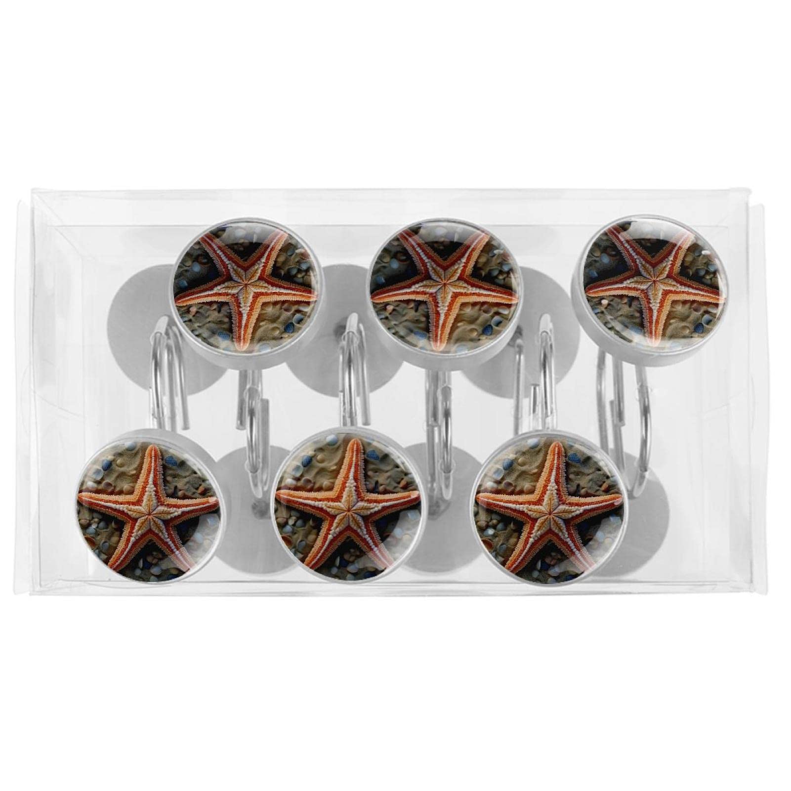 Shower Curtain Hooks Set of 12,Ocean Beach Sea Starfish,Shower Curtain Ring Crystal Glass Bathroom Hook