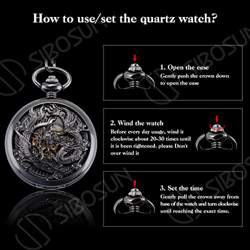 SIBOSUN Pocket Watch Antique Dragon Mechanical Skeleton Double Cover with Chain Men - Bronze Blue