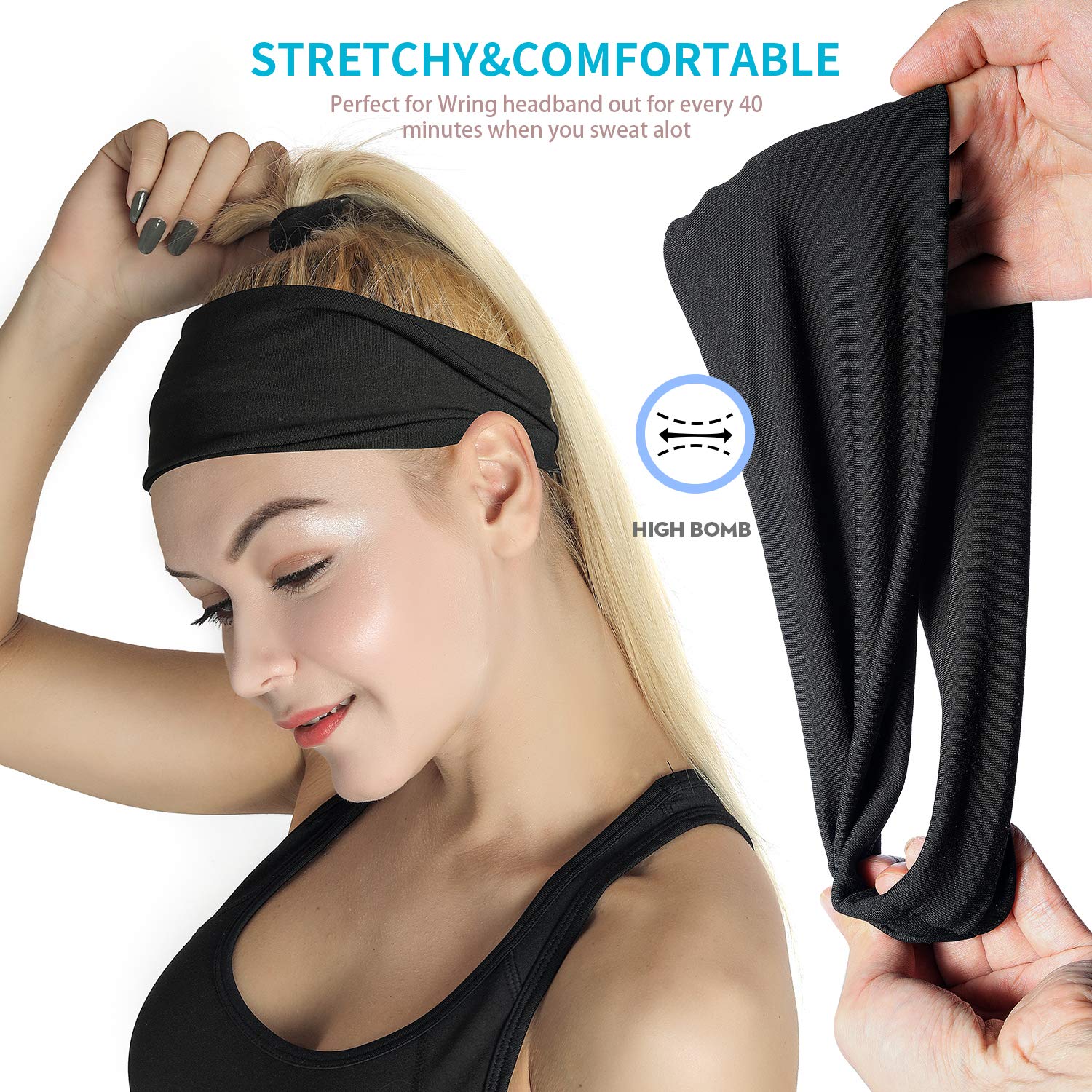 Sport Headbands for Men and Women Sweatband Headbands for Yoga,Running,Basketball Wocking Out and Performance Stretch & Moisture (Black - 5 Pack)
