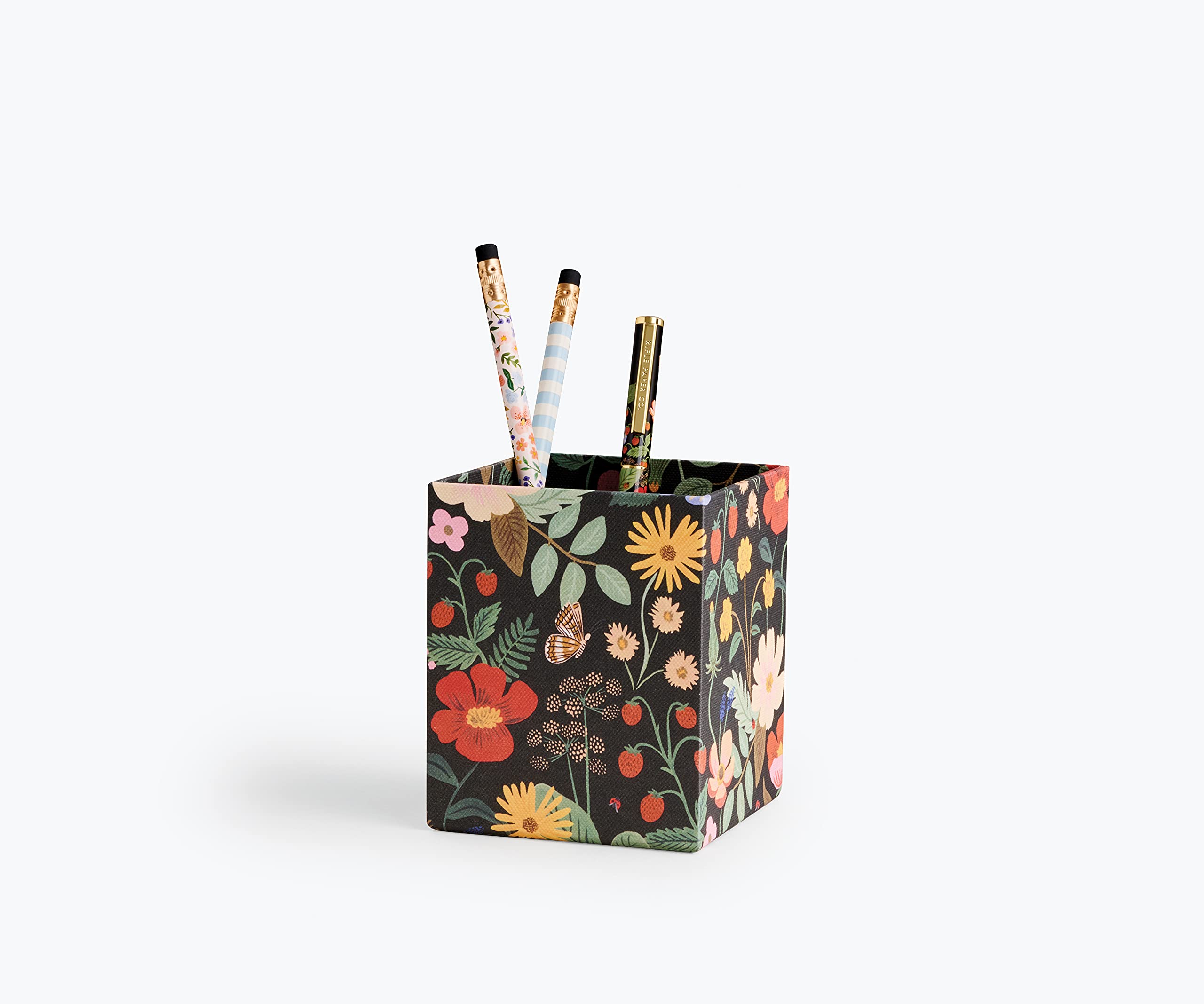 Rifle Paper Wrapped Desk Strawberry Fields Bundle with Desk Organizer, Magazine Holder, Letter Tray, Pencil Cup, and Writing Pen. Features Full Color Illustrations of Strawberry Fields Print.