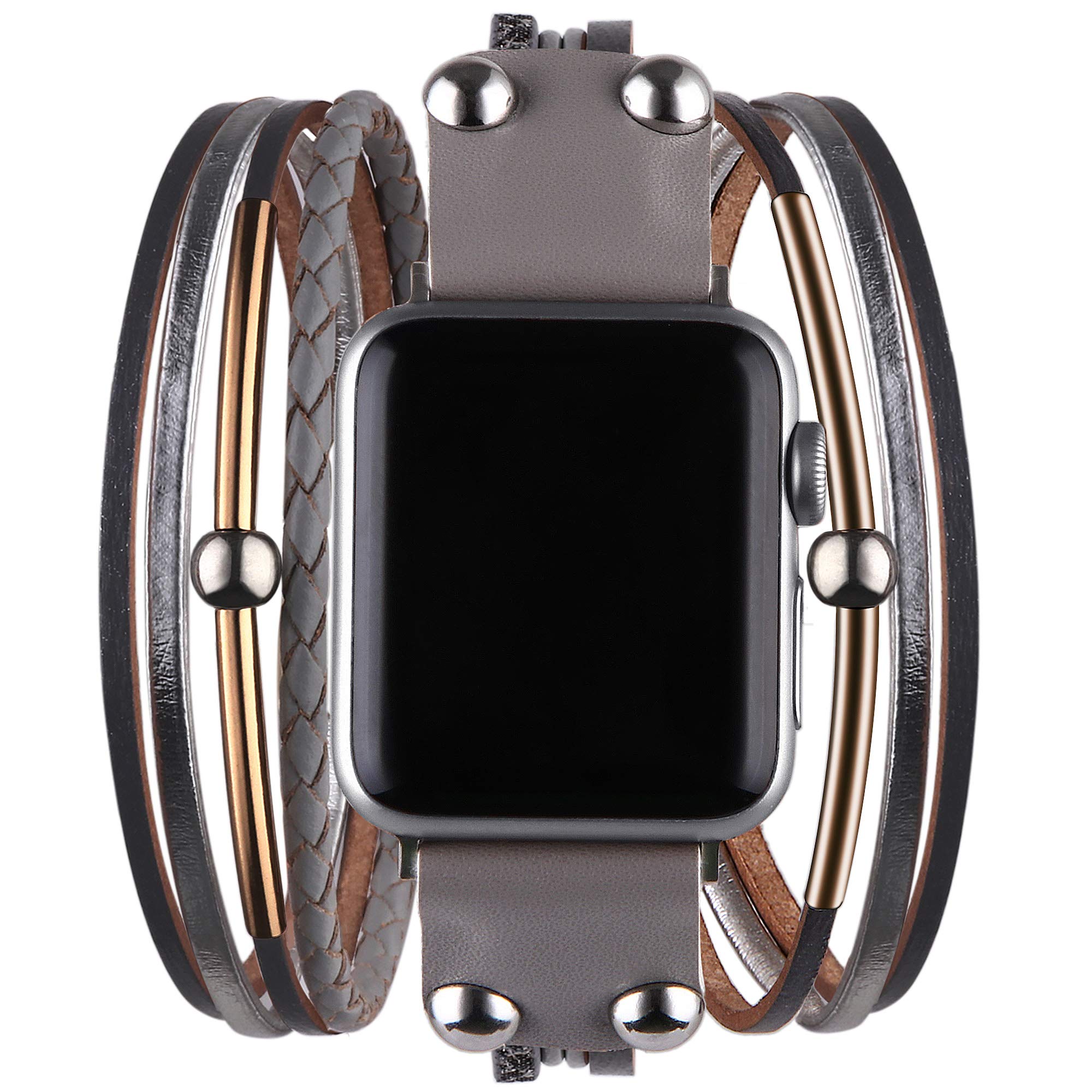 VIKOROS Multi-Layer Leather Wrap Bracelet Compatible with Apple Watch Ultra SE Series 8 7 6 5 4 3 40mm 38mm 41mm for Women Mens, Boho Stylish Cuff Bangle Watch Strap for Iwatch Bands , Silver Grey