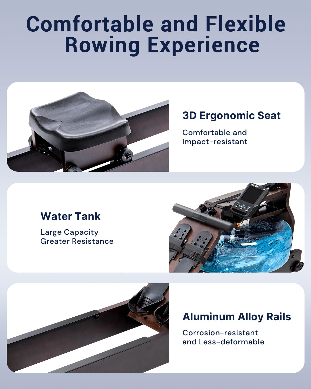 TOPIOM Water Rower Rowing Machine with TM-3 Performance Monitor, Walnut Veneer Over Oak Wood with 400 lbs Max Capacity