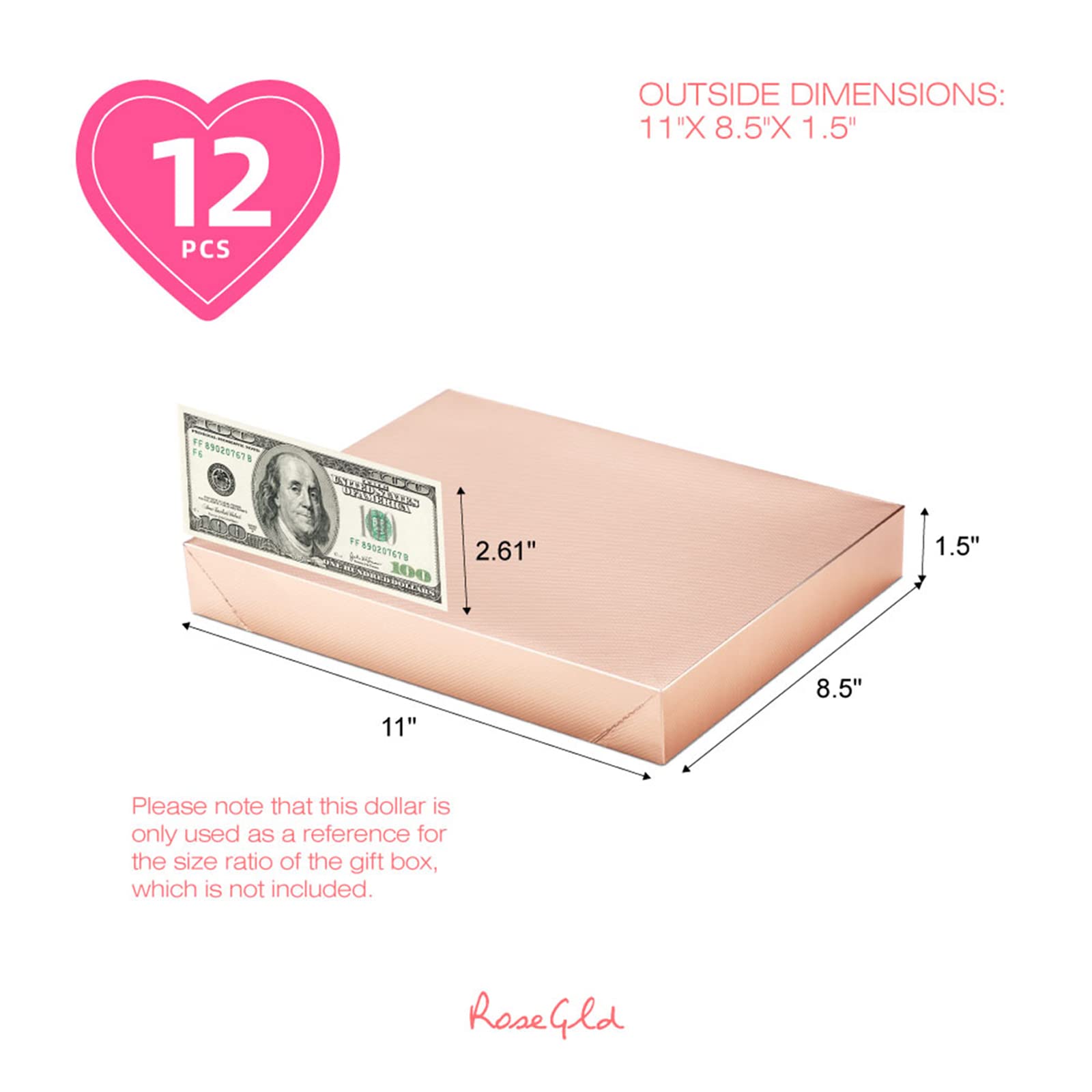 ROSEGLD 12 Gift Boxes with Lids 11x8.5x1.5 Inches, Gift Boxes for Clothes, Apparel Gift Boxes, Clothing Gift Boxes, Rose Gold Gift Wrap Boxes (Glossy Rose Gold with Grain Texture)