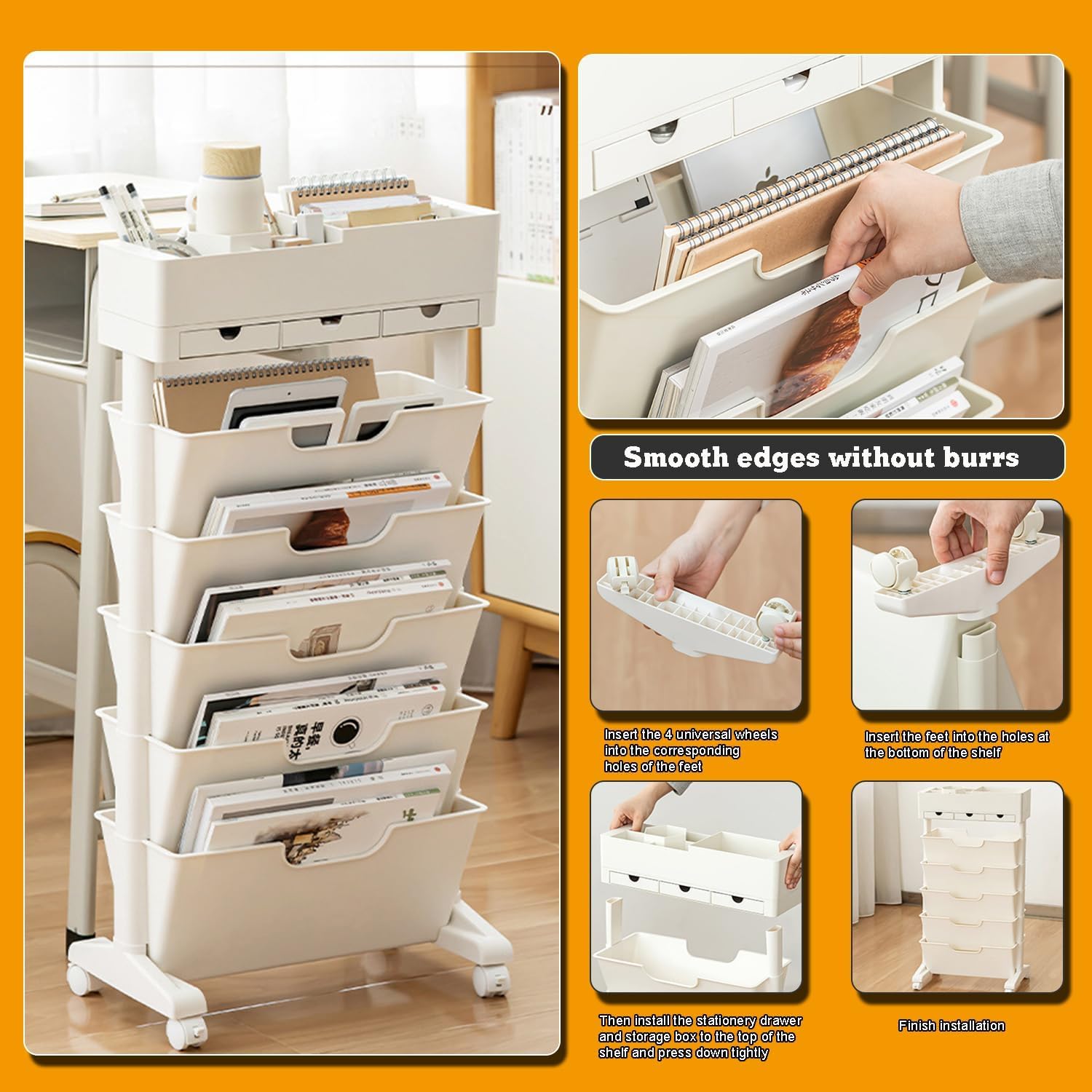 Rolling Cart Organizer, 6 Tier Mobile Bookshelf, 6 Tier Rolling Utility Cart with 3 Drawer, 5 Tier Home Bookshelf, Multi Functional Movable Storage Book Shelves with Lockable Casters for Study Office