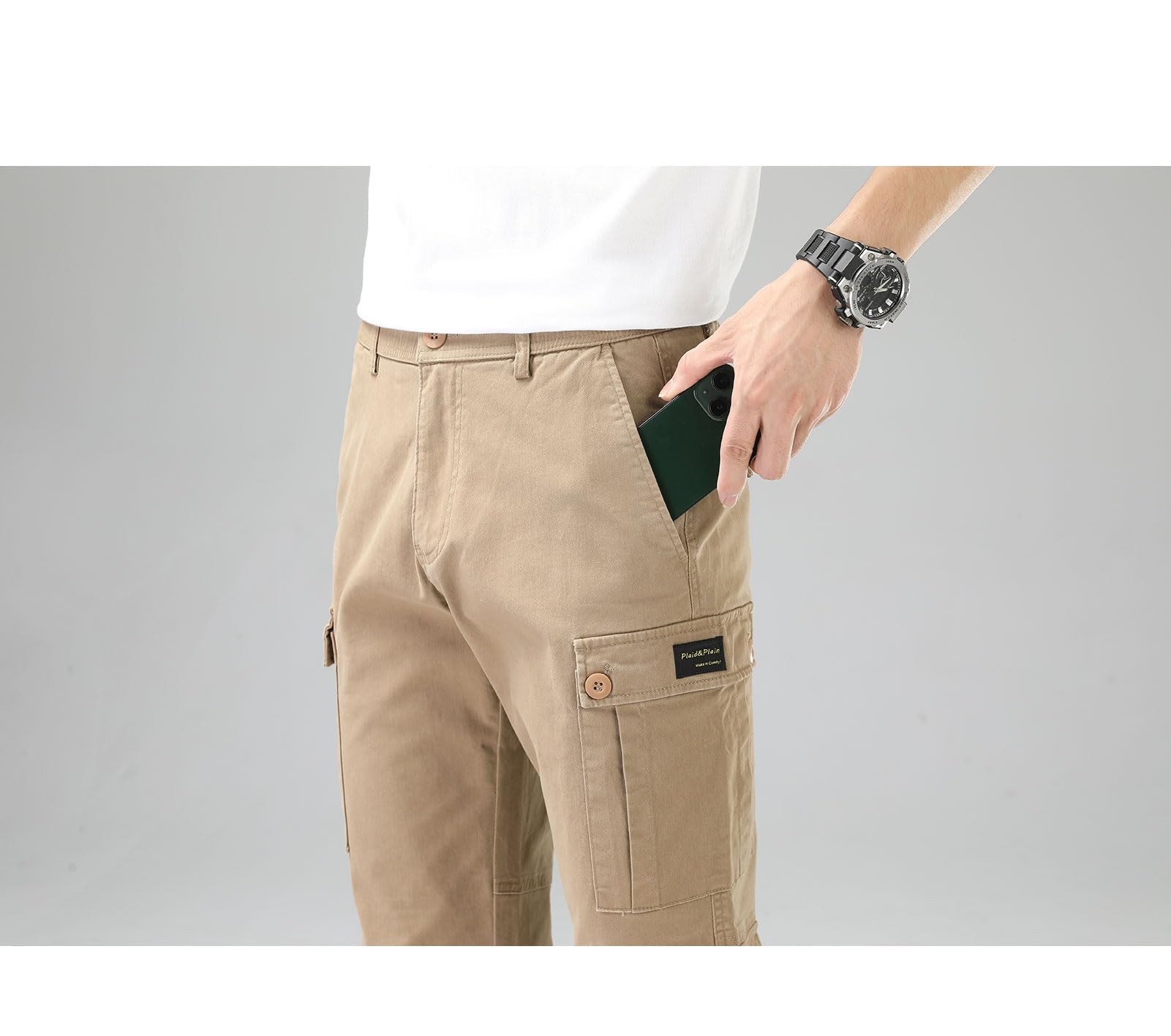 Plaid&Plain Men's Casual Cargo Joggers Sweatpants Chino Tapered Stretch Hiking Twill Pants with Pockets C803 DPK 34
