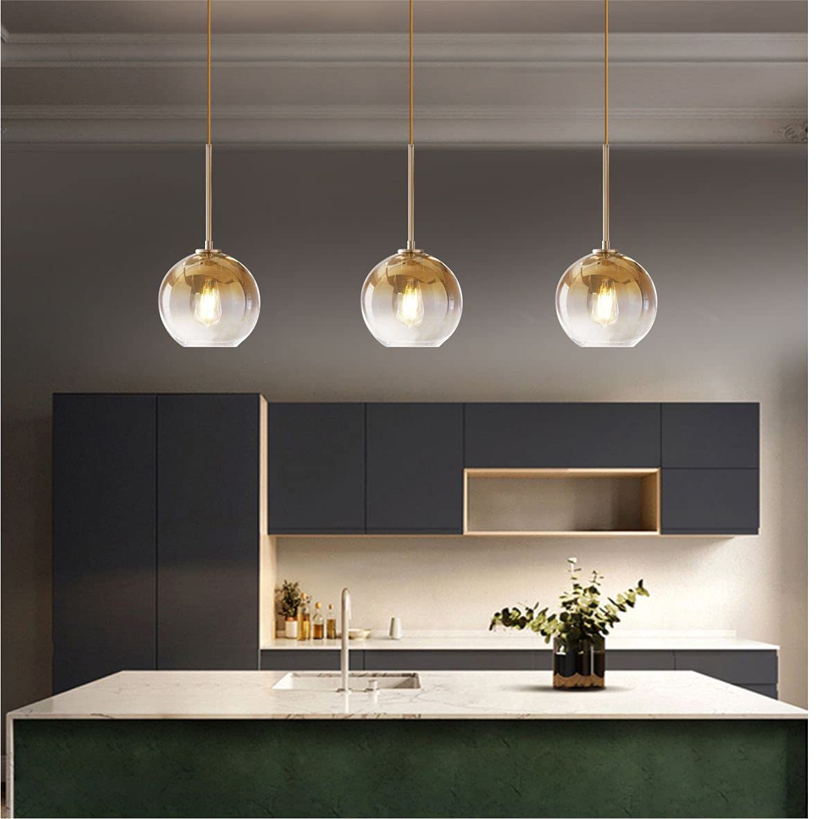 PULEE Modern Globe Pendant Light 1-Light Gradient Shade Glass Hanging Lamp Mid Century Hanging Light Fixture Adjustable Indoor Pendant Lamp for Dining Room Bedroom Kitchen (gold-20)