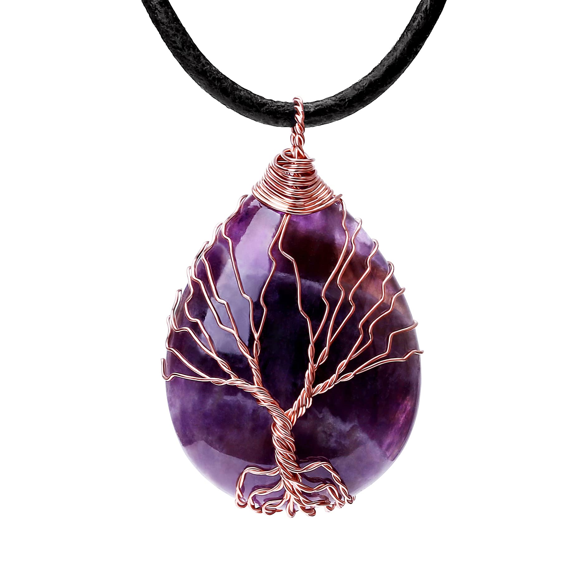 POTESSA Crystal Necklace Healing Amethyst Crystals Necklace Leather Cord Choker Chakra Gemstone Jewelry