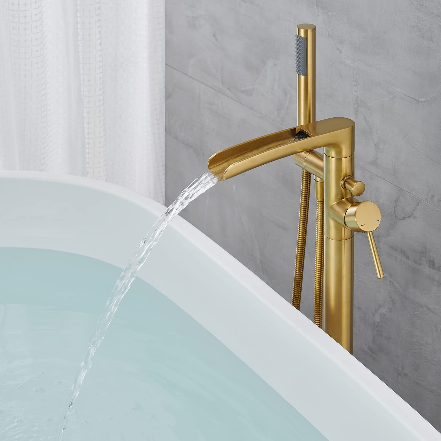 Qinkell Freestanding Tub Faucet Waterfall Bathtub Filler Brushed Gold Floor Mount Brass Bathroom Faucets with Hand Shower