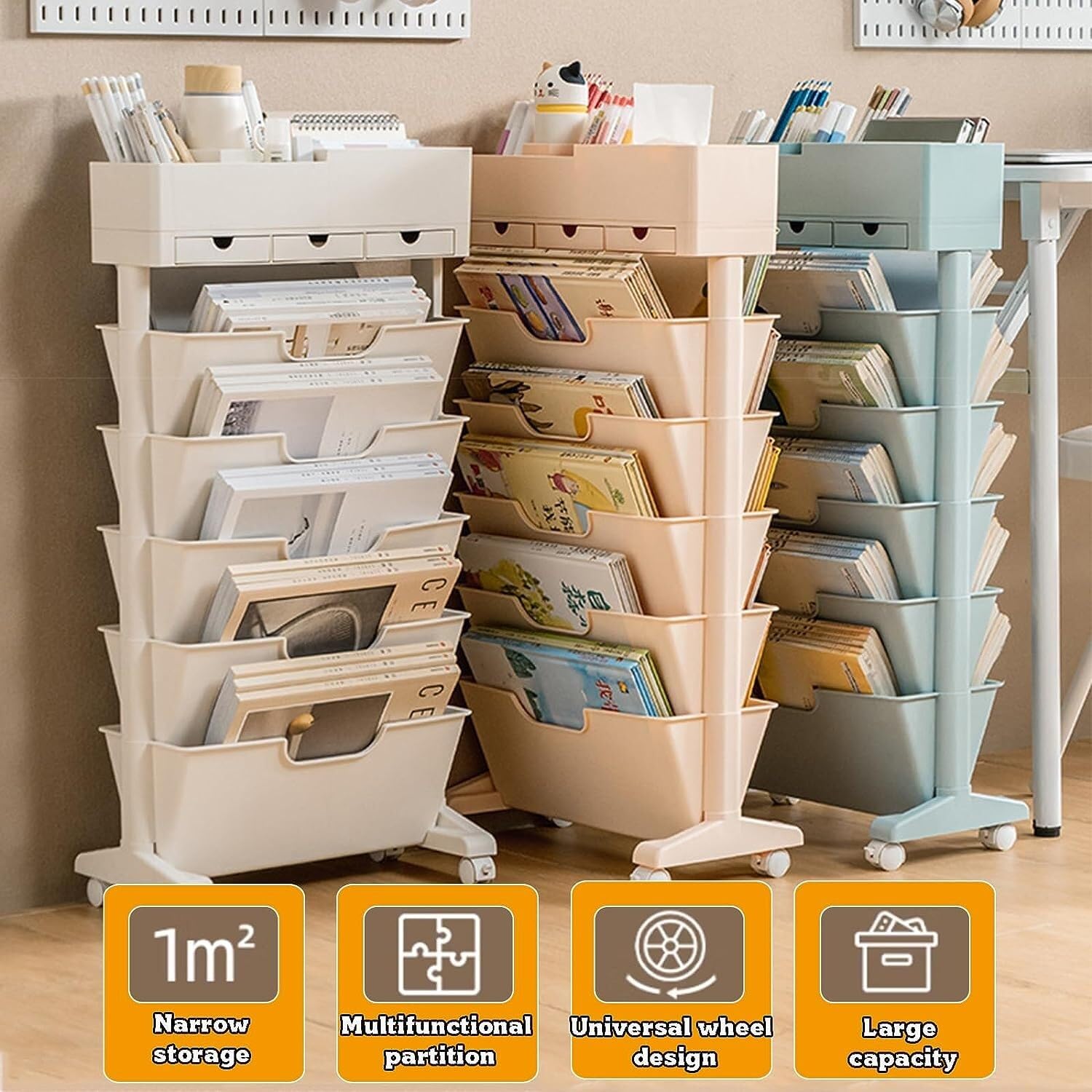 Rolling Cart Organizer, Multi-Functional Movable Storage Book Shelves with Lockable Casters for Study Office Kitchen Classroom, 6 Tier Mobile Bookshelf, 6 Tier Rolling Utility Cart, (Color : 1)