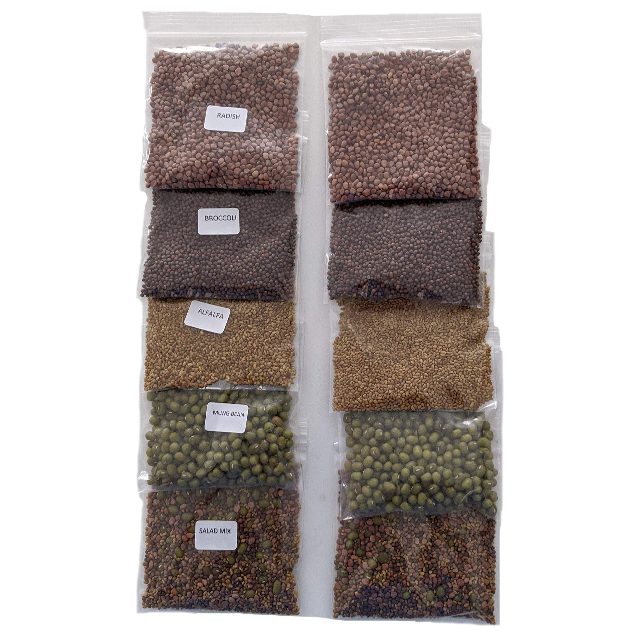 Variety Pack Sprouting Seeds Broccoli, Alfalfa, Radish, Mung beans & Salad Mix for Sprouts and Microgreens. Non-GMO. Pack of 10 premeasured seeds for quart size jars or trays. Includes 2 packs of each