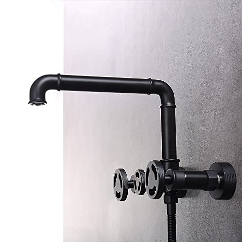 Yawhite Modern Industrial Pipe Wall Mounted Bathtub Filler Faucet with Hand Shower ,3-Handle Tub Faucet Swivel Spout Kit,High Pressure Rough in Valve Solid Brass Black