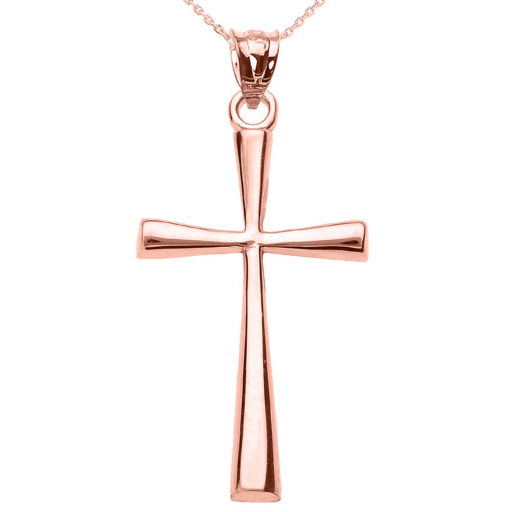 Religious Jewelry by FDJ 14K Rose Gold Simple Classic Flared Cross Pendant Necklace with Rolo Chain - 18"