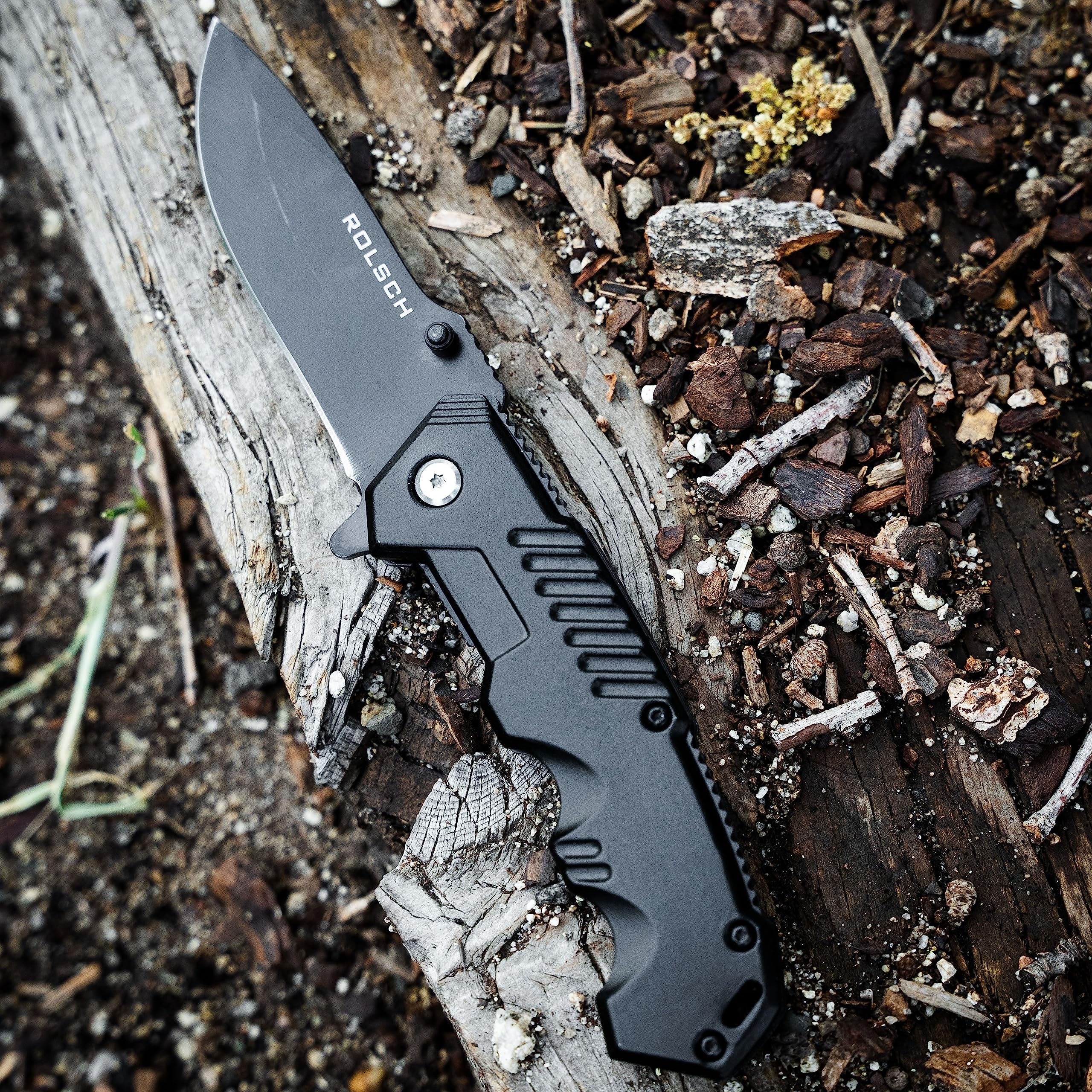 ROLSCH - Black Tactical Knife - Spring Assisted Folding Knife β Black Stainless Steel Blade and Black Aluminum Handle with Pocket Clip - Great Folding Knife for Hunting, Camping, Survival, Tactical, EDC