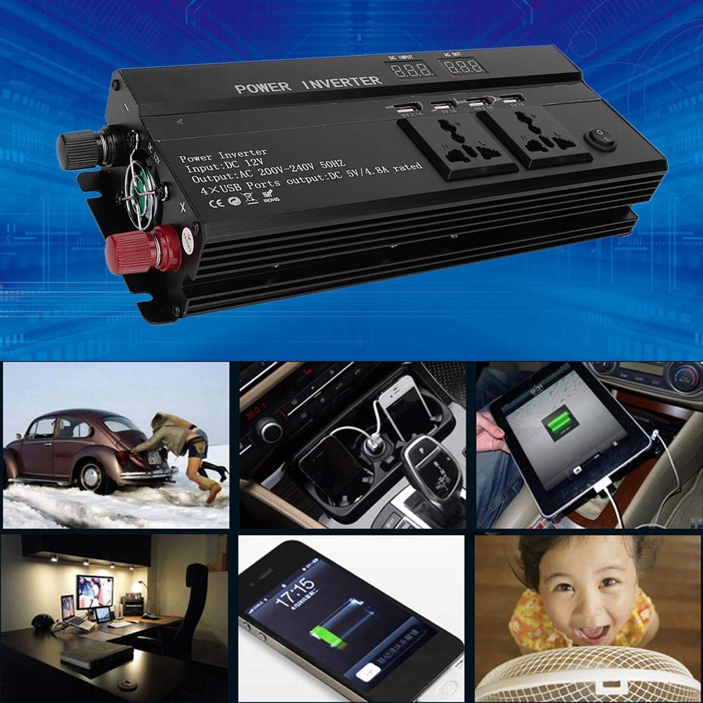 Suuonee Car Power Converter, 4000W DC 12V to AC 220V LCD Display Pure Sine Wave USB Power Inverter Converter