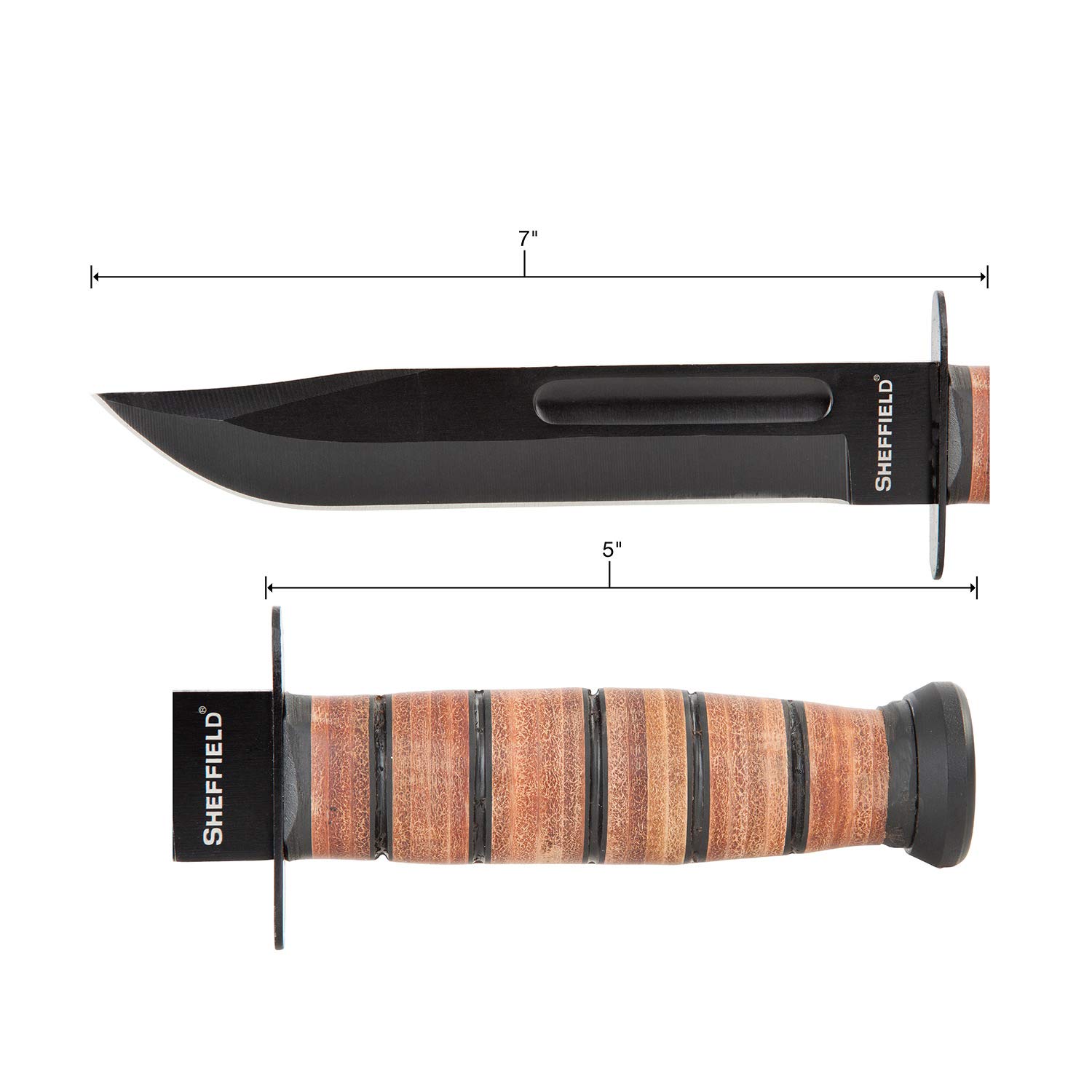 Sheffield 12693 Military Gear Fixed Blade Knife, 7 Inch Clip Point Full Tang Knife, 5 Inch Stacked Leather Handle, Fixed Blade Knife with Sheath