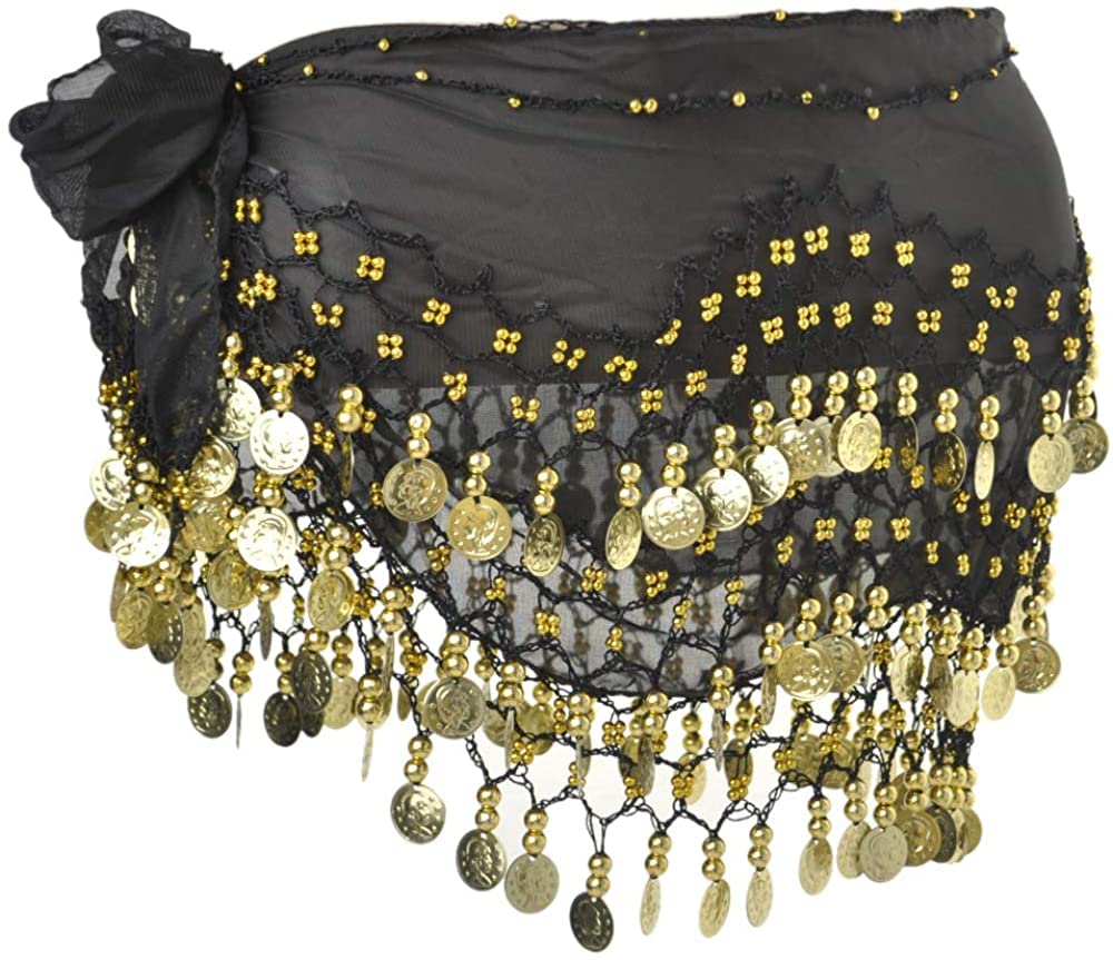 REINDEAR Vogue Style Chiffon Dangling Gold Coins Belly Dance Hip Scarf (Black)