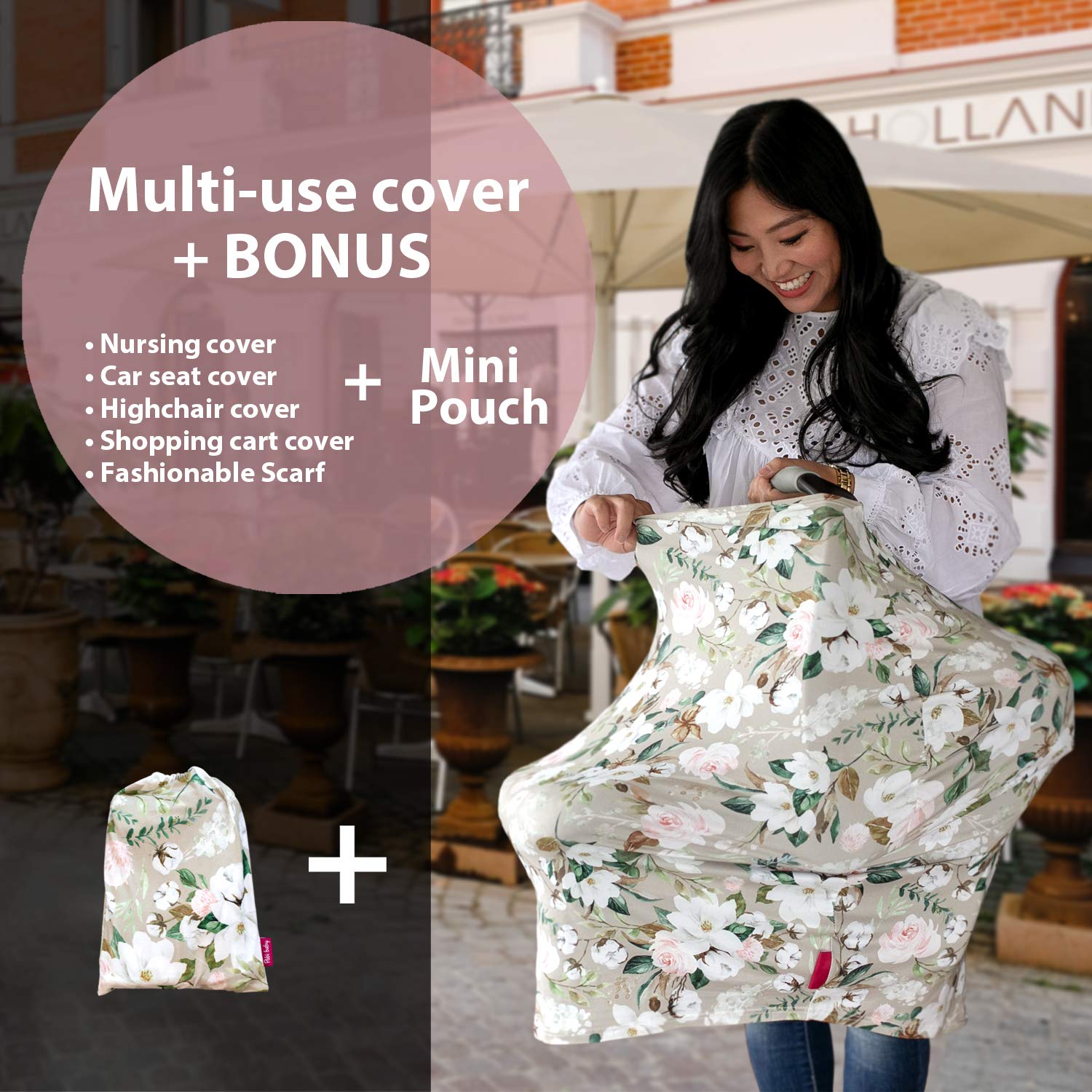 Pobi Baby Car Seat Covers and Nursing Cover - Soft and Stretchy Floral Pattern (Belle)
