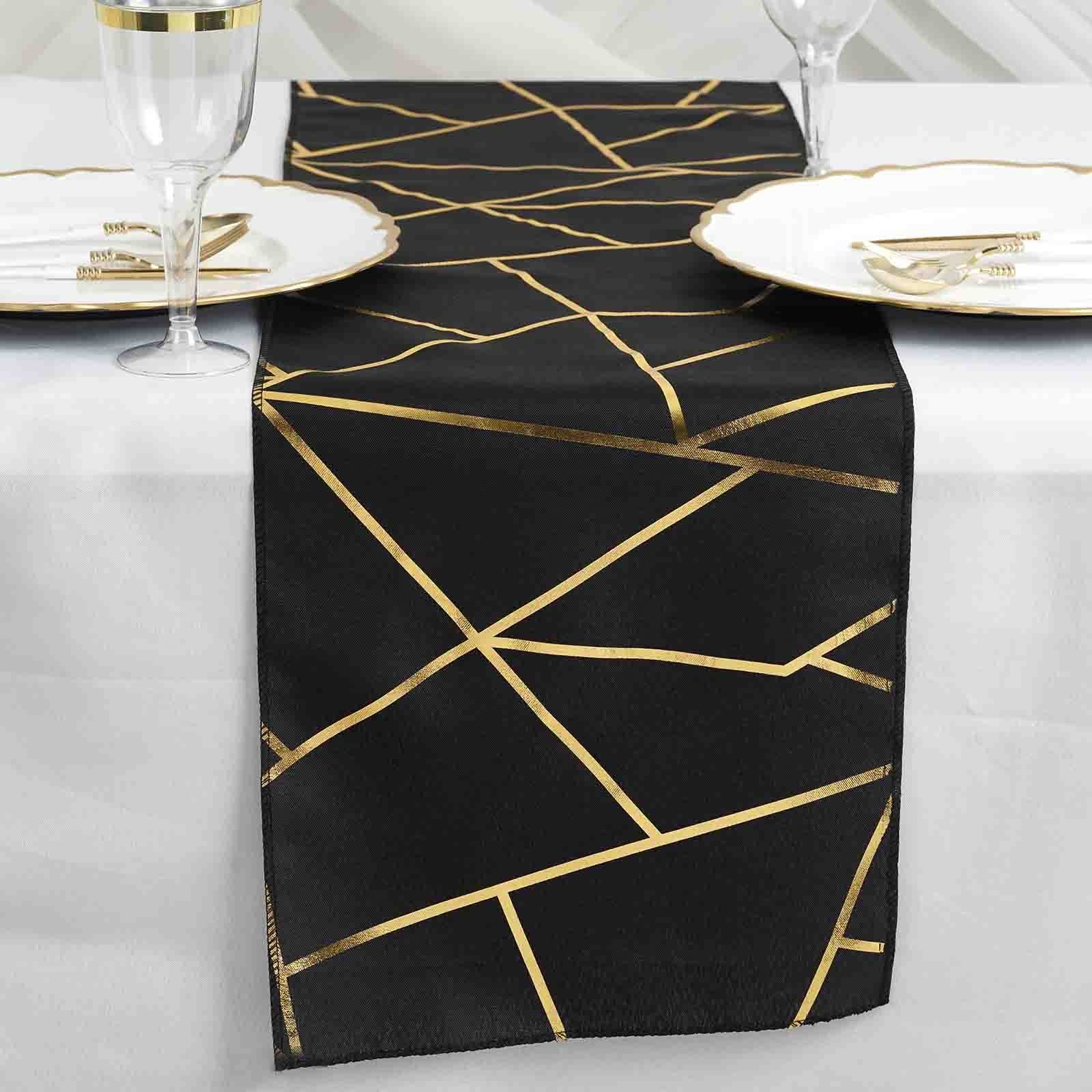 Tableclothsfactory 9 Ft Metallic Black/Gold Foil Geometric Pattern Blush Polyester Table Runner