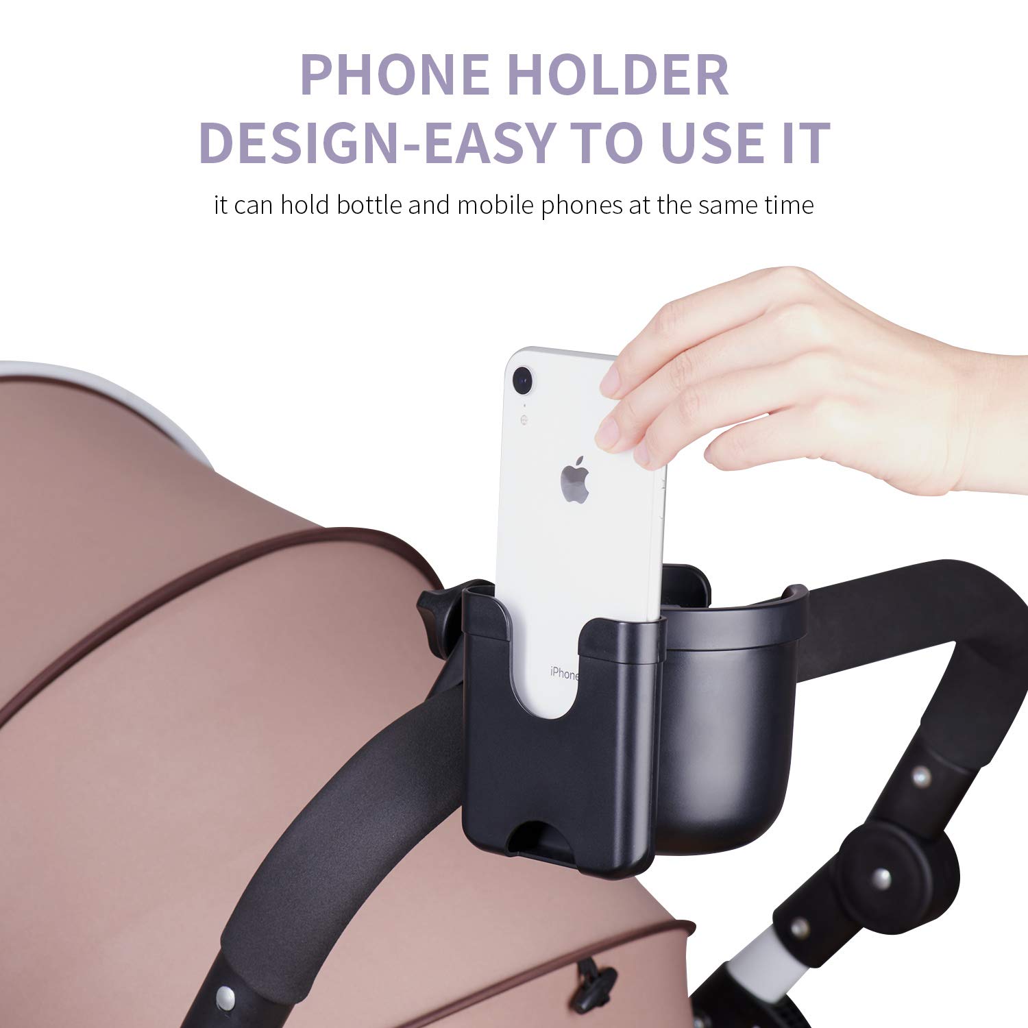 SUNVENO Stroller Universal Cup Holder, 360 Degrees Rotation 2 in 1 Large Bottle Holder with Phone Holder for Stroller, Pushchair,Wheelchair, Walker, Black