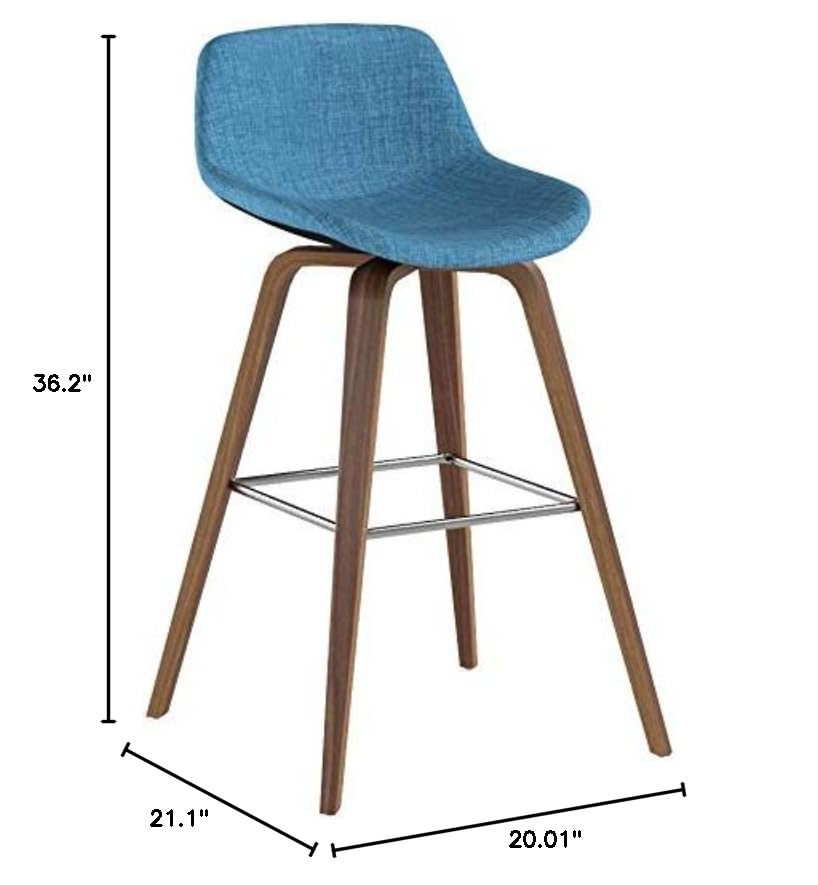 SIMPLIHOME Randolph 26 Inch Mid Century Modern Bentwood Counter Height Stool (Set of 2) in Medium Blue Linen Look Fabric, For the Dining Room and Kitchen
