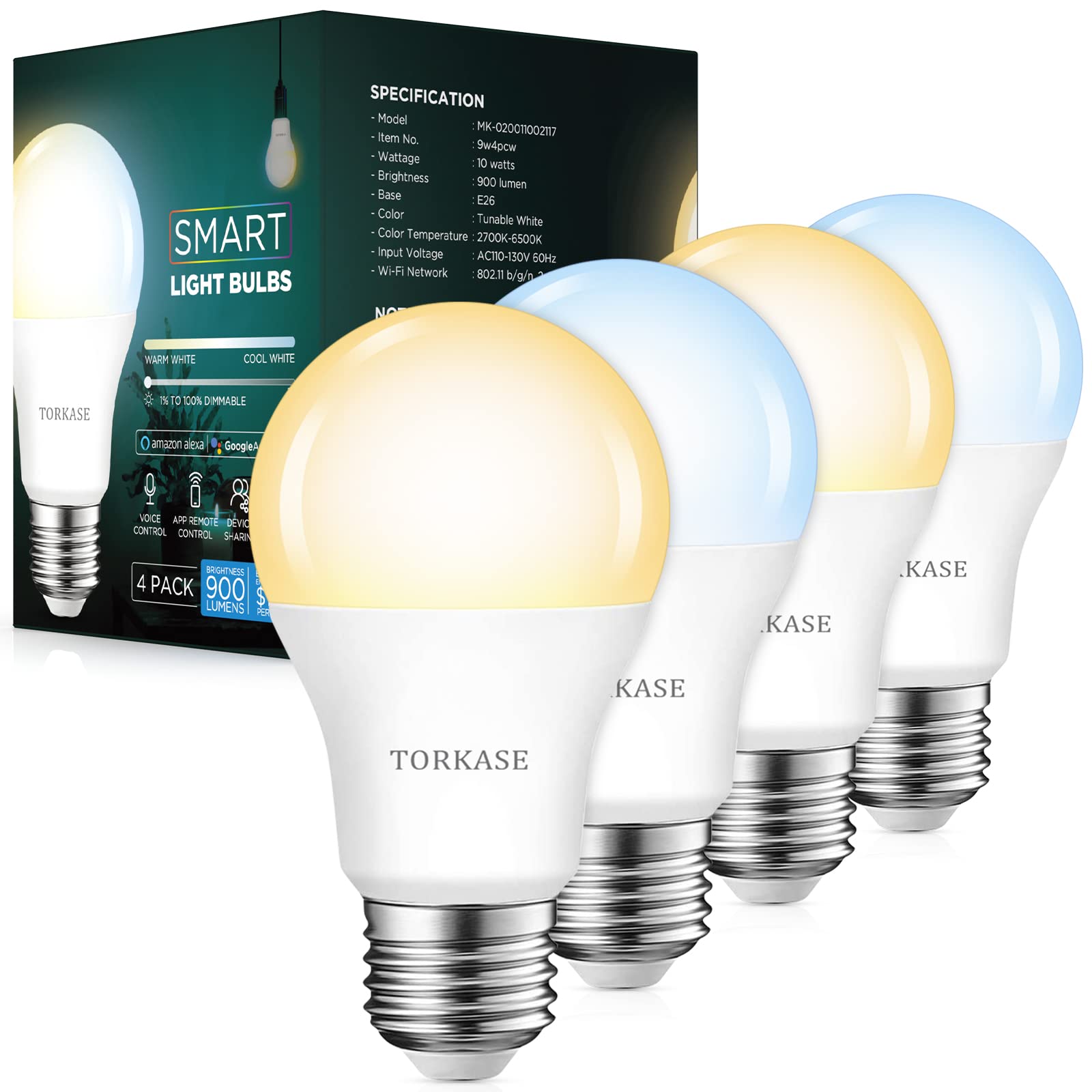 Torkase Smart Light Bulbs Work with Alexa and Google Home -No Hub Required, WiFi LED Bulb 2700K Warm White to 6500K Daylight Dimmable, 10W WiFi Light Bulb, APP Remote Control, 2.4Ghz Only, 4 Pack