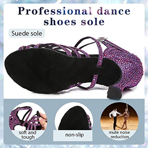VCIXXVCE Women Professional Latin Rhinestone Dance Shoes Open Toe Salsa Chacha Ballroom Dance Heels Cross Strap Purple,8 US