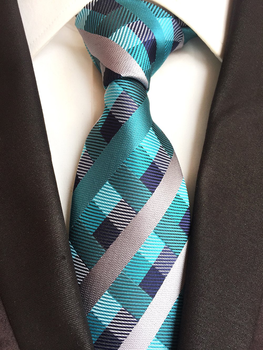 Secdtie Men's 4 Pack Plaid White Silver Jacquard Woven Silk Tie Bpys Formal Necktie Teal Silver, Yellow Blue, Blue Navy, Gray Pink