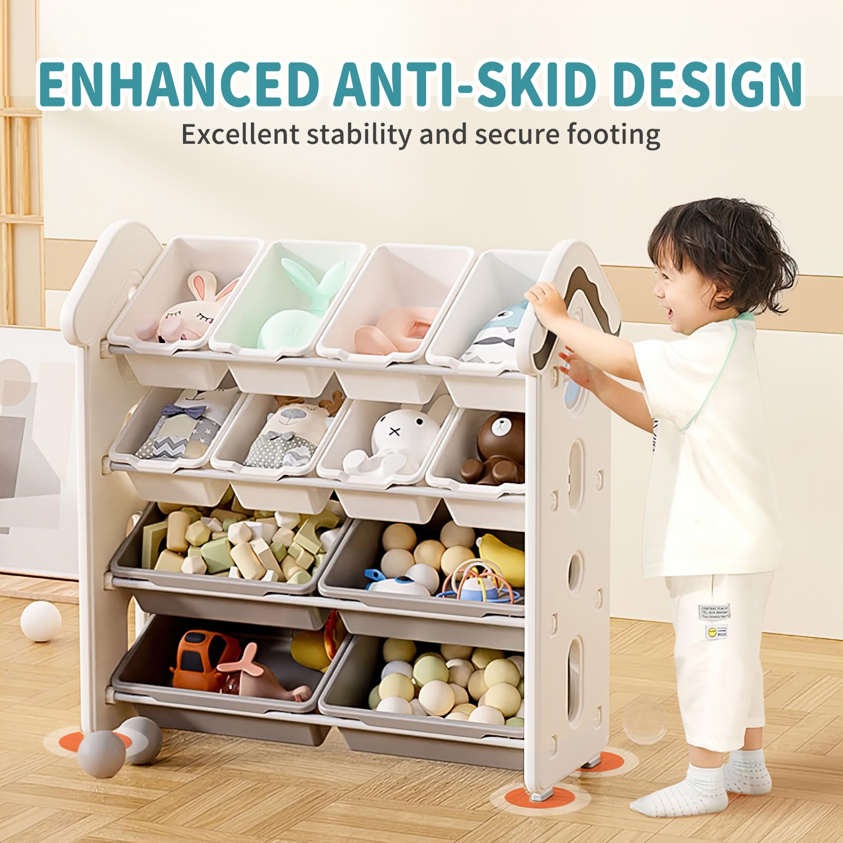UNICOO Kids 4-Tier Toy Storage Organizer, Toy Organizer Shelf, Fun Candy House Design, Toy Shelves Organizer with 12 Bins, Toy Organizer Rack Durable and Safe HDPE Material