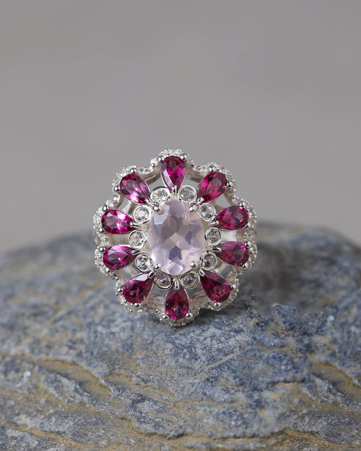YoTreasure Rose Quartz Rhodolite White Topaz 925 Sterling Silver Engagement Wedding Rings for Women