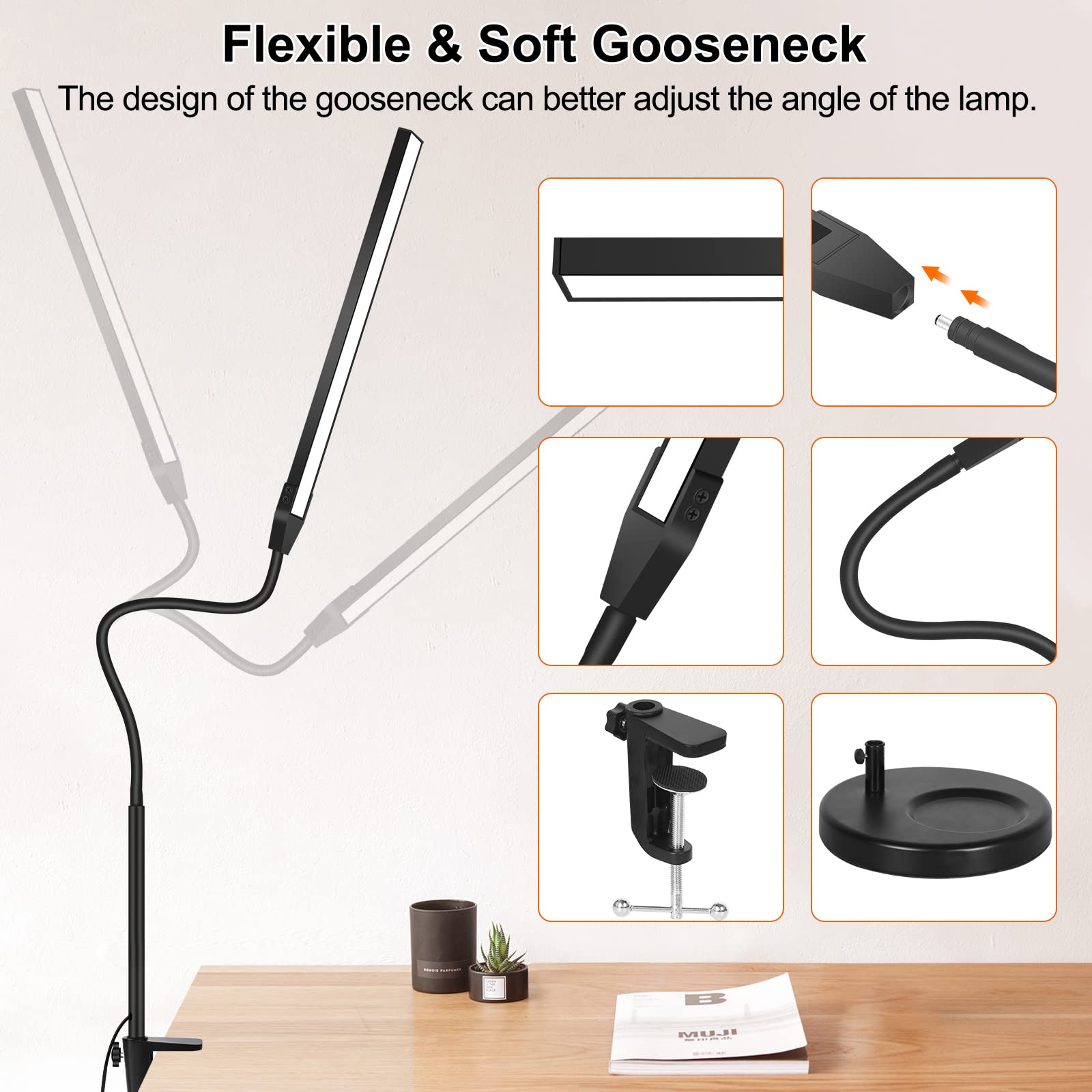Touch Control LED Desk Lamp, 2-in-1 Gooseneck Clamp on Lamp, Desk Lamp for Home Office, 3 Modes Stepless Dimmable Workbench Light for Painting Reading Working Study Dorms Nightlight