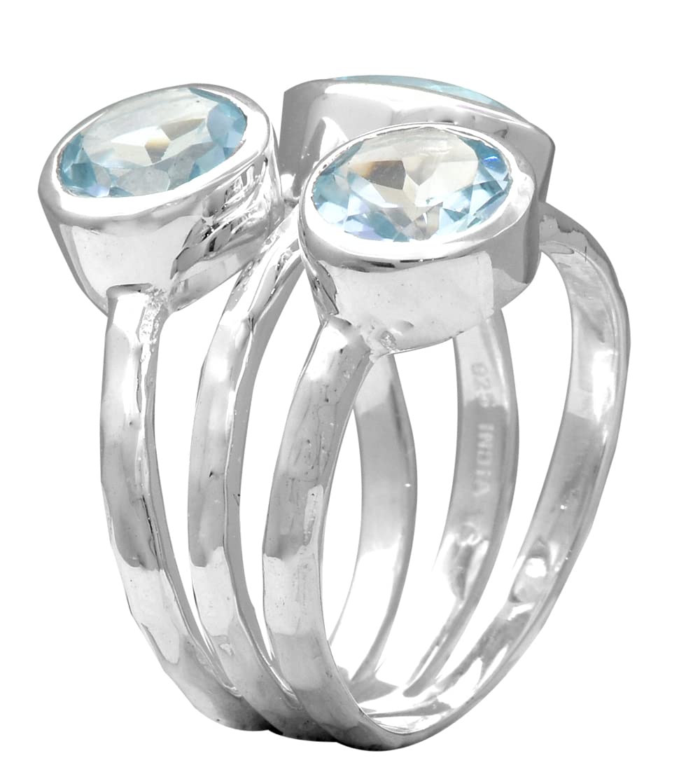 YoTreasure Solid 925 Sterling Silver Natural Blue Topaz Three Stone Ring