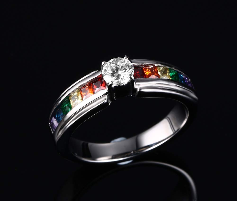 VNOX Stainless Steel Gay Pride Rainbow CZ Relationship Engagement Promise Rings Weeding Band for Lesbian,Size 8