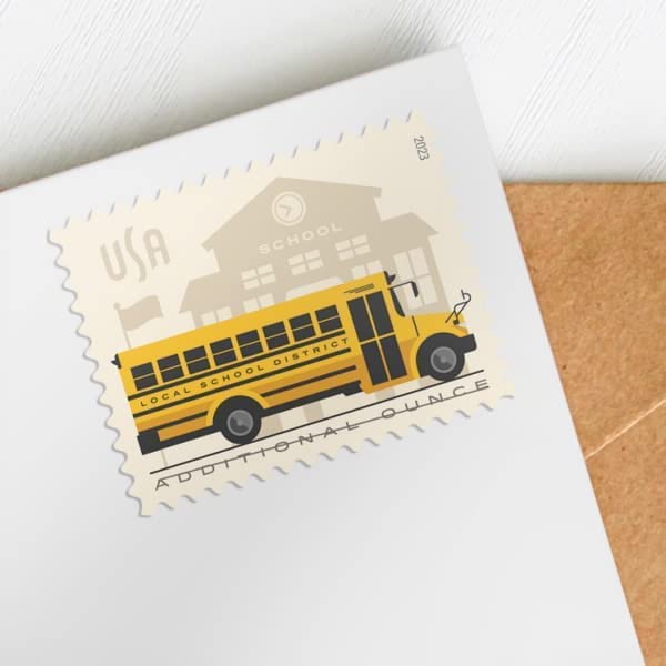 School Bus Additional Ounce Postage Stamps 1 Sheet of 20 Students Children Teachers Celebration Party Announcement (20 Stamps), Yellow