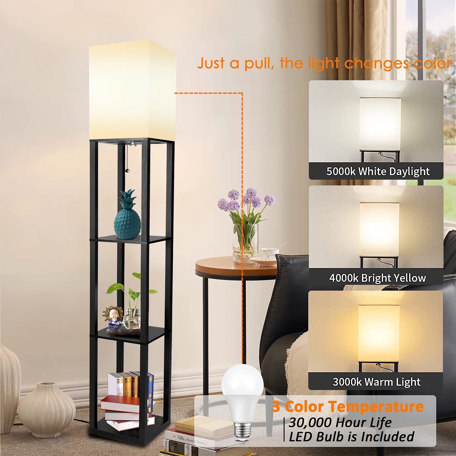 Wishwill Floor Lamp with Shelves, Modern Standing Shelf Lamp with 3 CCT LED Bulb and White Shade for Living Room Bedroom and Office-Black