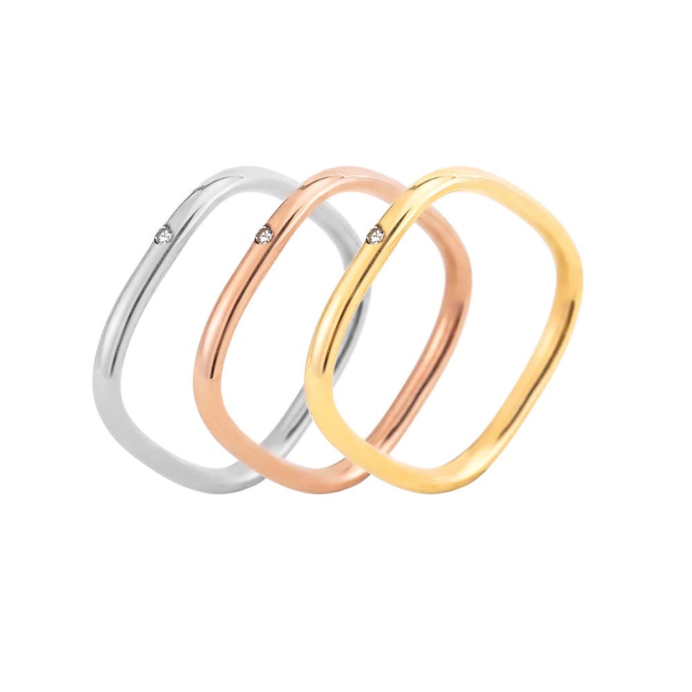 Xiacheng 2mm Stainless Steel Square Women's Plain Band Knuckle Stacking Midi Rings Comfort Fit Silver/Gold/Rose Tone