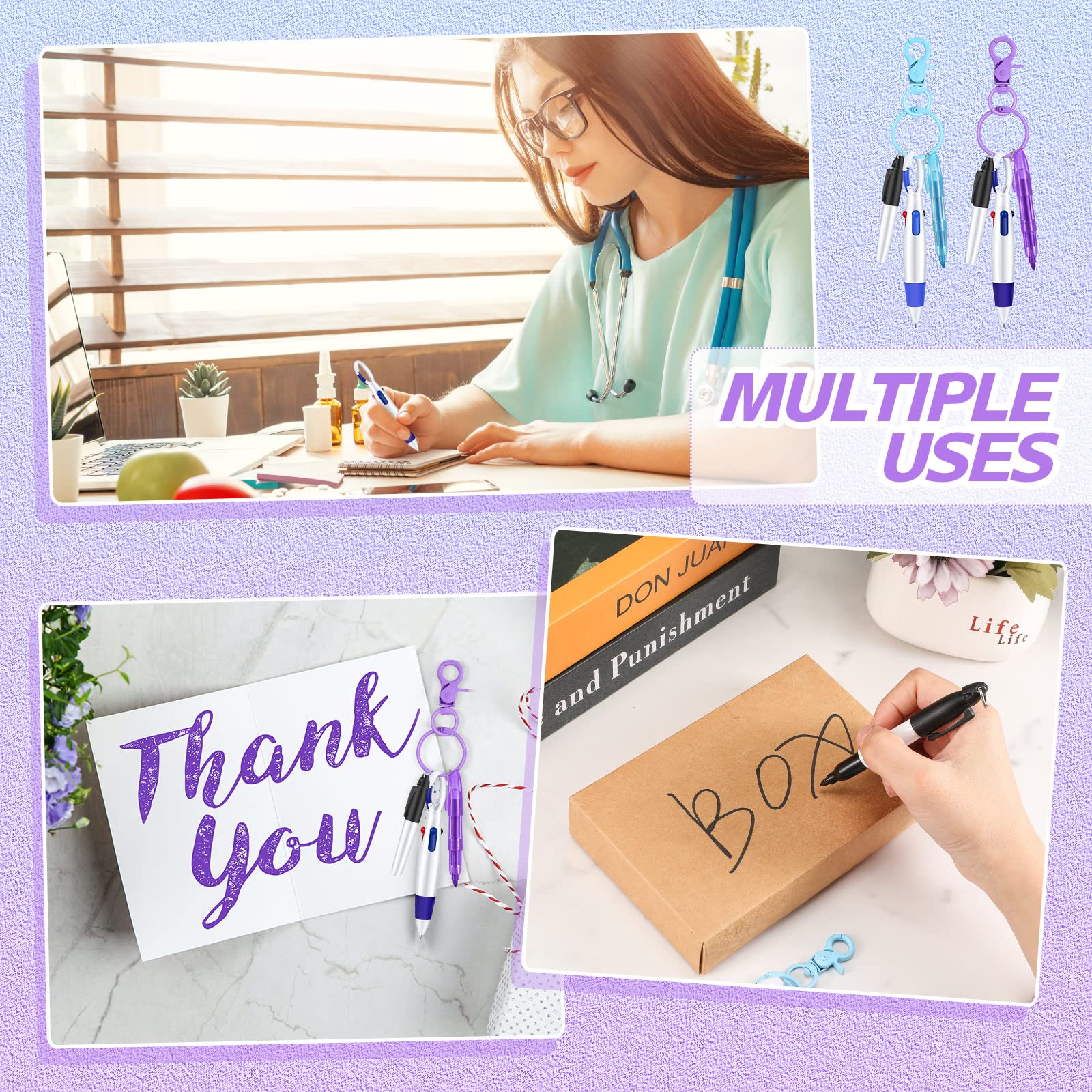 Sabary Mini Highlighter Nurse Pen Pack Set Nurse Pens for Badge Include Pink and Purple Tip Highlighter 2 Permanent Marker Pen and 2 Retractable Ball Pen with 2 Nursing Keychain Clip (Blue, Purple)