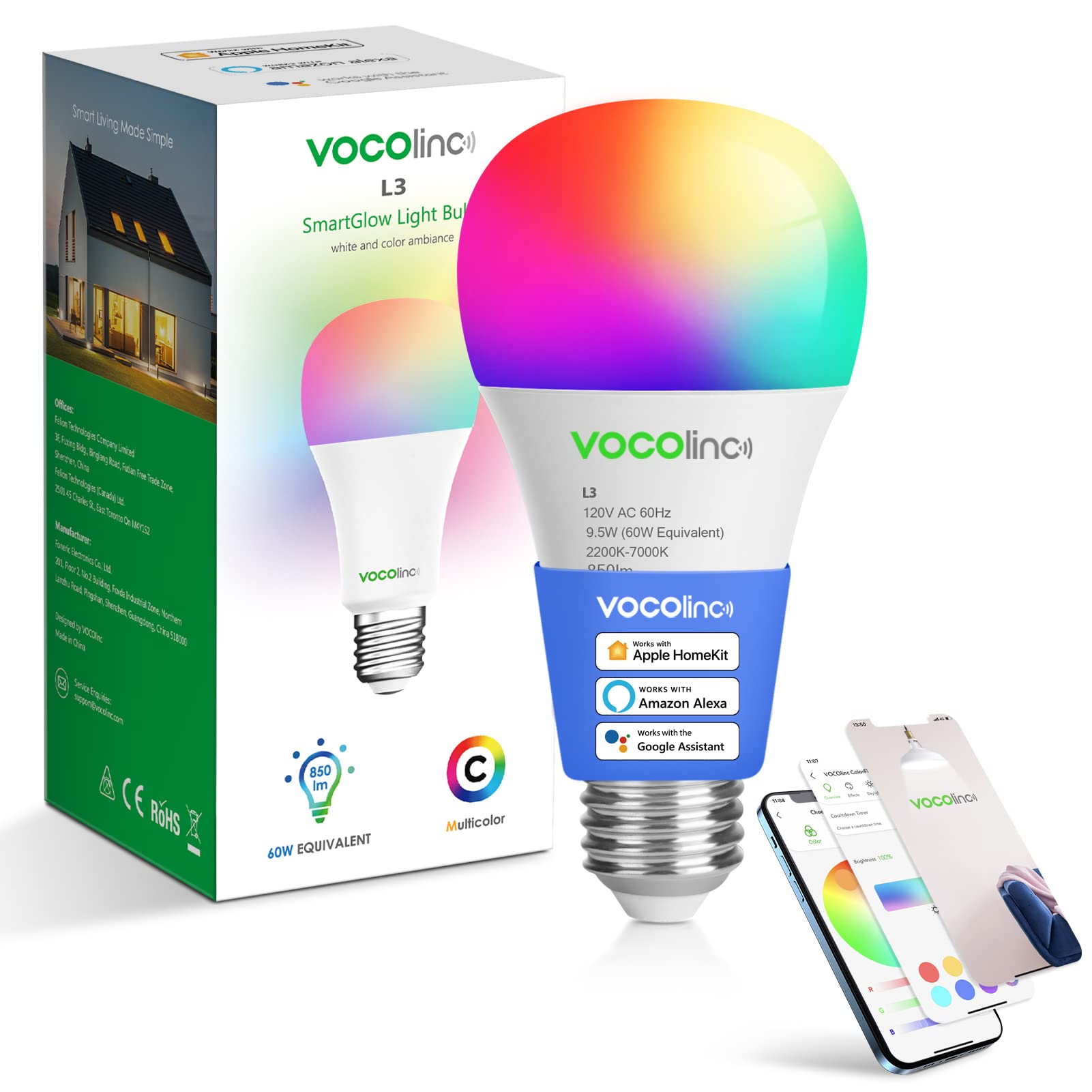 VOCOlinc Smart Light Bulbs,White & RGBW Ambiance LED Smart Bulbs,WiFi LED Light Bulb Work with Alexa Google Home & Apple HomeKit,A21/E26 9.5W, 850LM 60W Equivalent,No Hub Required,2.4GHz Only(1PACK)
