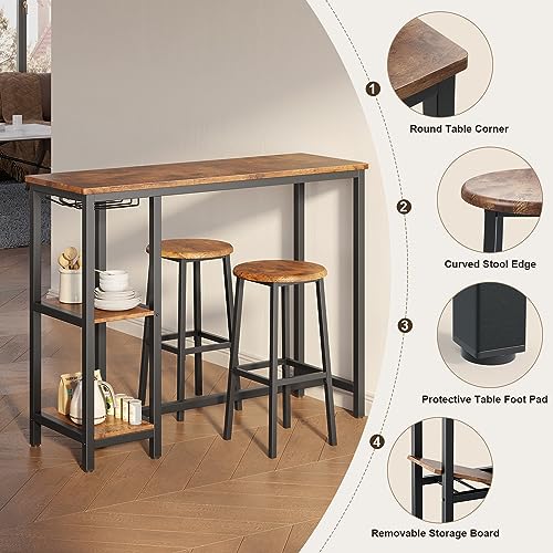 Qsun 3-Piece Bar Table and Chairs Set for 2, Bar Table Set with 2 Storage Shelves, Pub Table Set with Glass Holder for Living Room, Dining Room, Kitchen, Rustic Brown