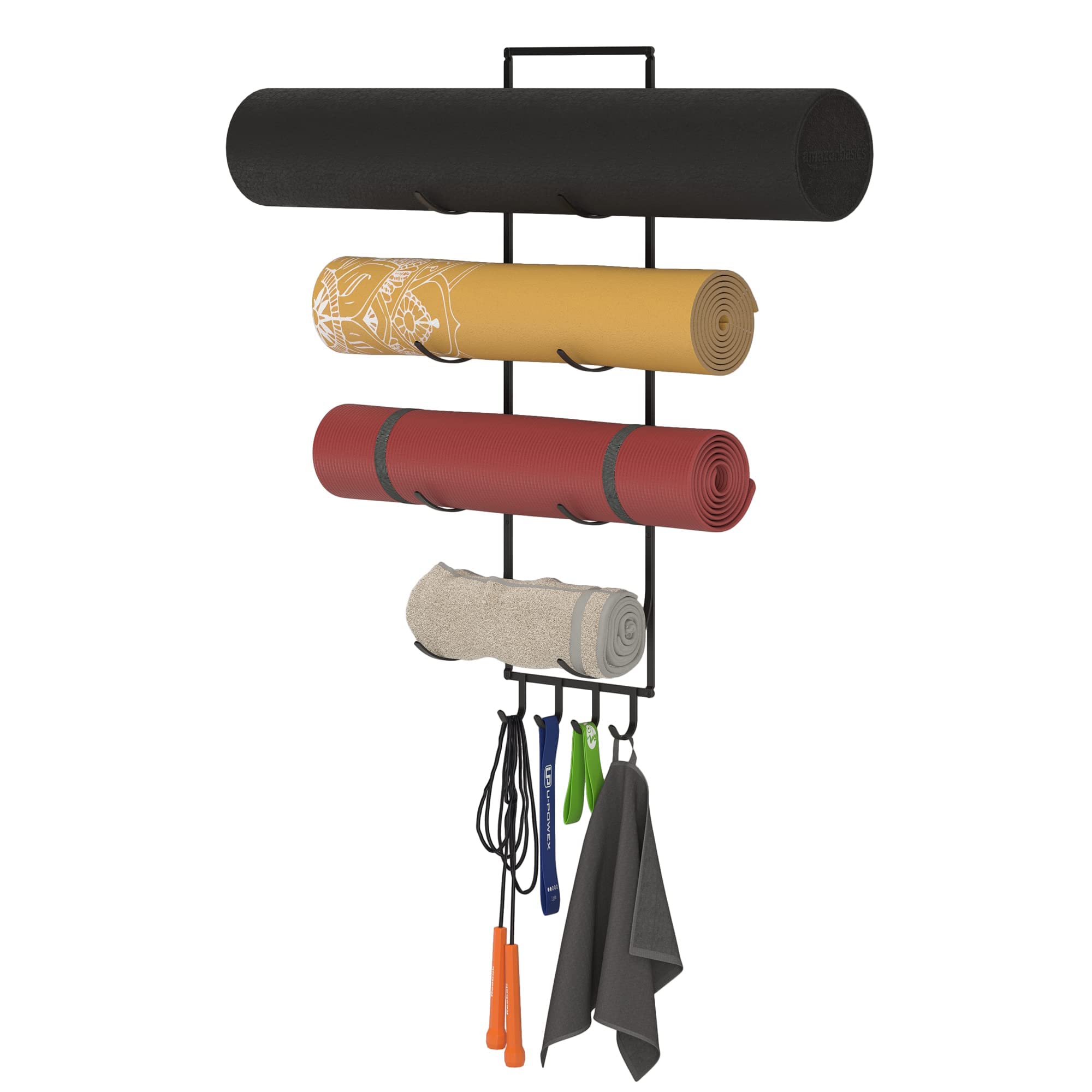 You Have Space Tulum Yoga Mat Holder, Wall Storage Rack for Foam Roller Set, Yoga Mats, Towel Rack with 4 S Hooks, 4 Sectional, Metal, Black, Gray