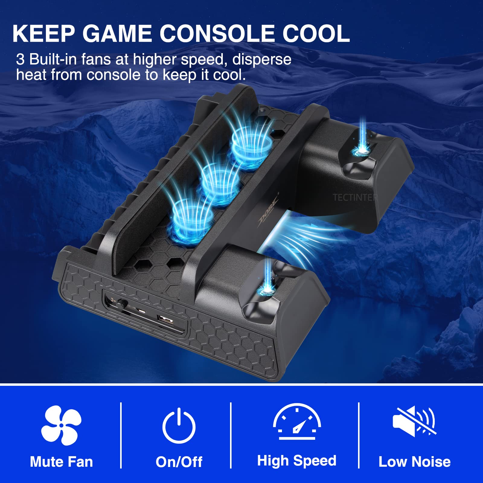 TECTINTER USB Cooling Fan Multifunctional Vertical Cooler with Dual Controller Charge Station and 12 Game Storage