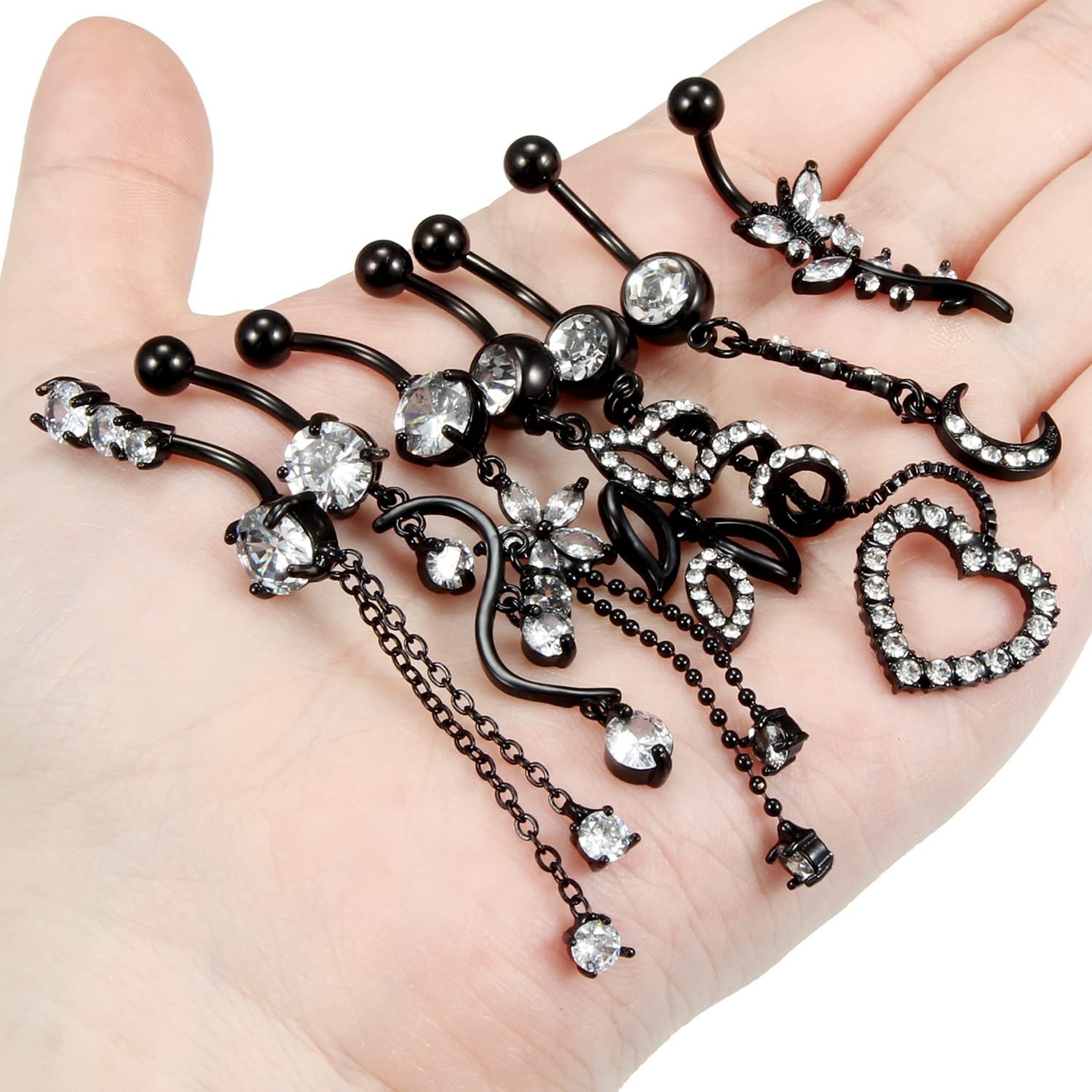 Uzgtvy 14G Belly Button Ring for Women Stainless Surgical Steel Belly Ring Dangle Curved Barbells Bar Black Dangling Belly Button Navel Ring Belly Vch Body Piercing Jewelry 10mm CZ Diamond Gem