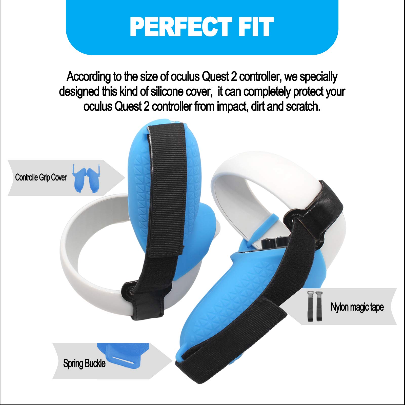 Touch Controller Handle Cover and Joint Strap for Oculus Quest 2, Comfortable Touch Controller Handle Accessories and Adjustable Nylon Velcro Wrist Strap (Blue)