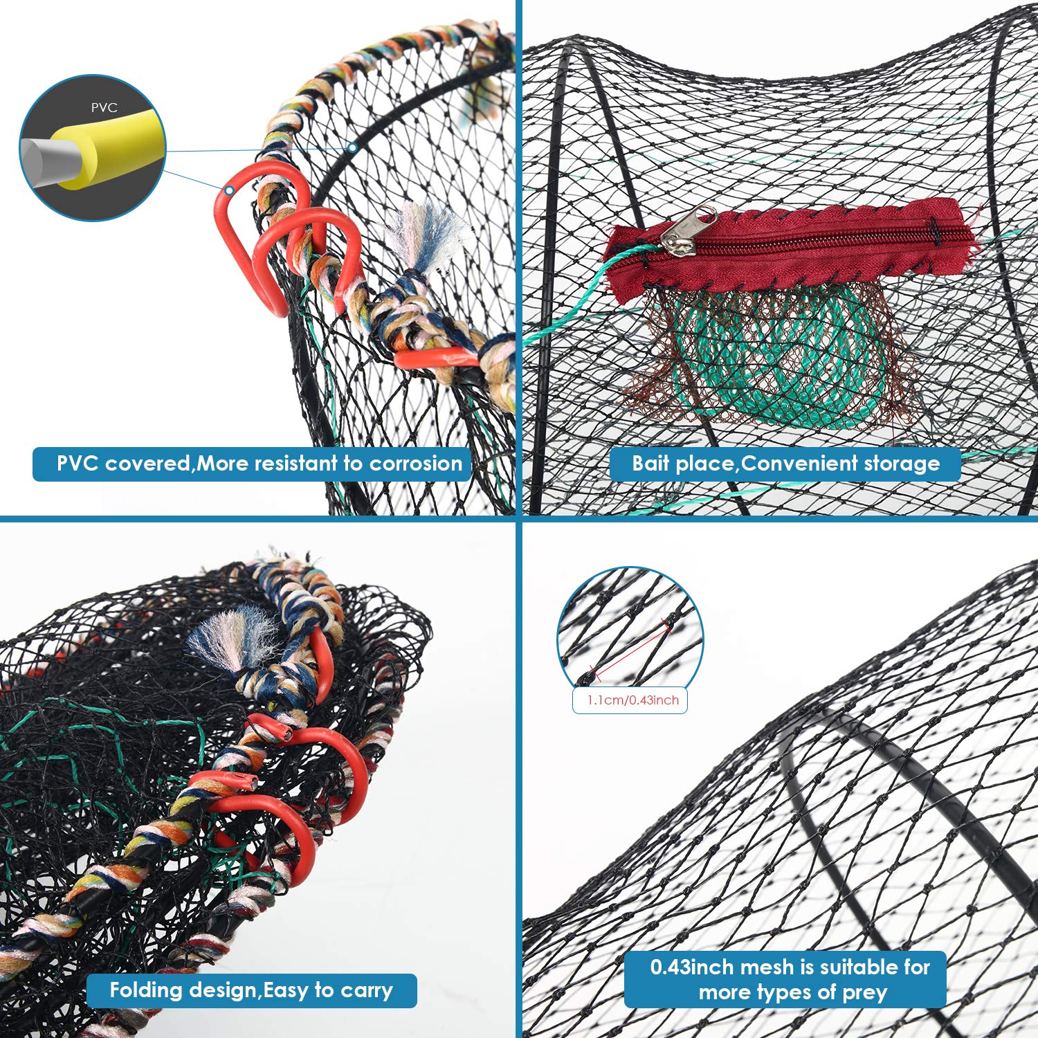 SF Fishing Casting Nets Crab Trap Crawfish Crayfish Shrimp Collapsible Cast Net Durable Black Mesh Fishing Nets Portable Folded Safe Fish Catching- 3 Packs Small