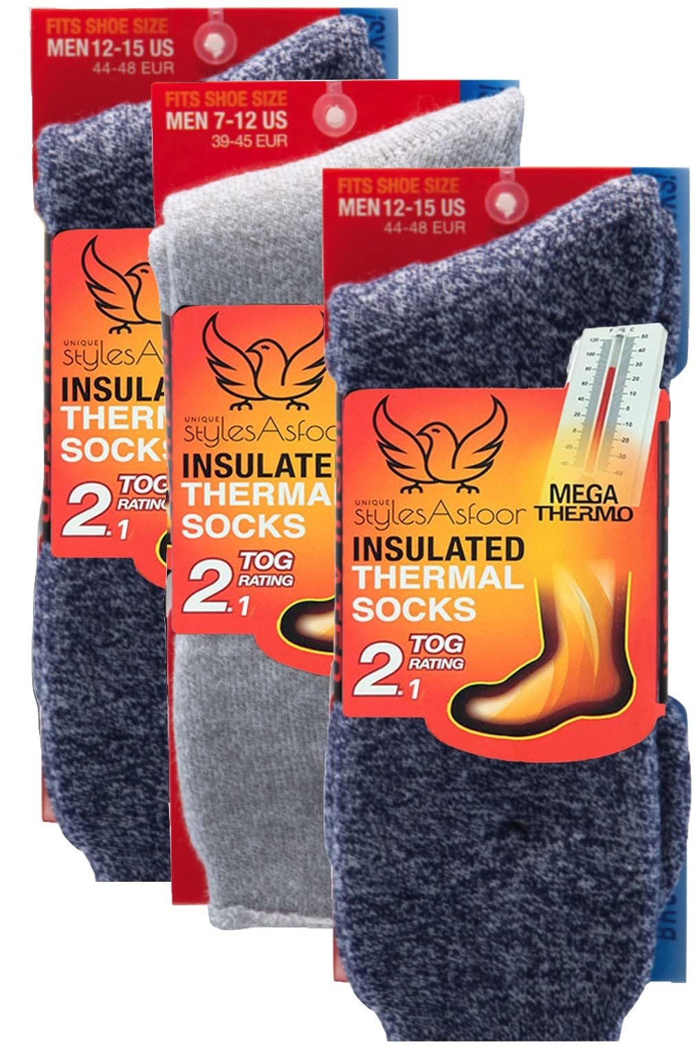 UNIQUE STYLES ASFOOR 3 Pack Thermal Heated Hiking Socks For Men, Thick Warm Winter Socks For Outdoors (7-12, Solid Charcoal/Light Grey/Navy)