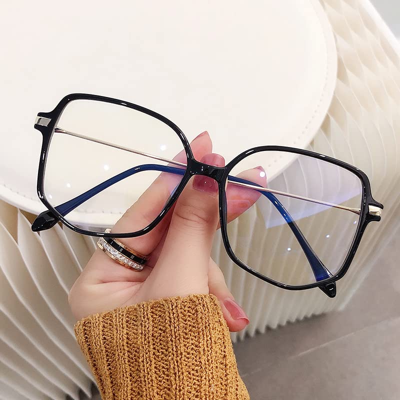 Teumire Classic Fake Nerd Glasses for Women Men Clear Lens Semi Rimless Eyeglasses (Bright Black Frame)