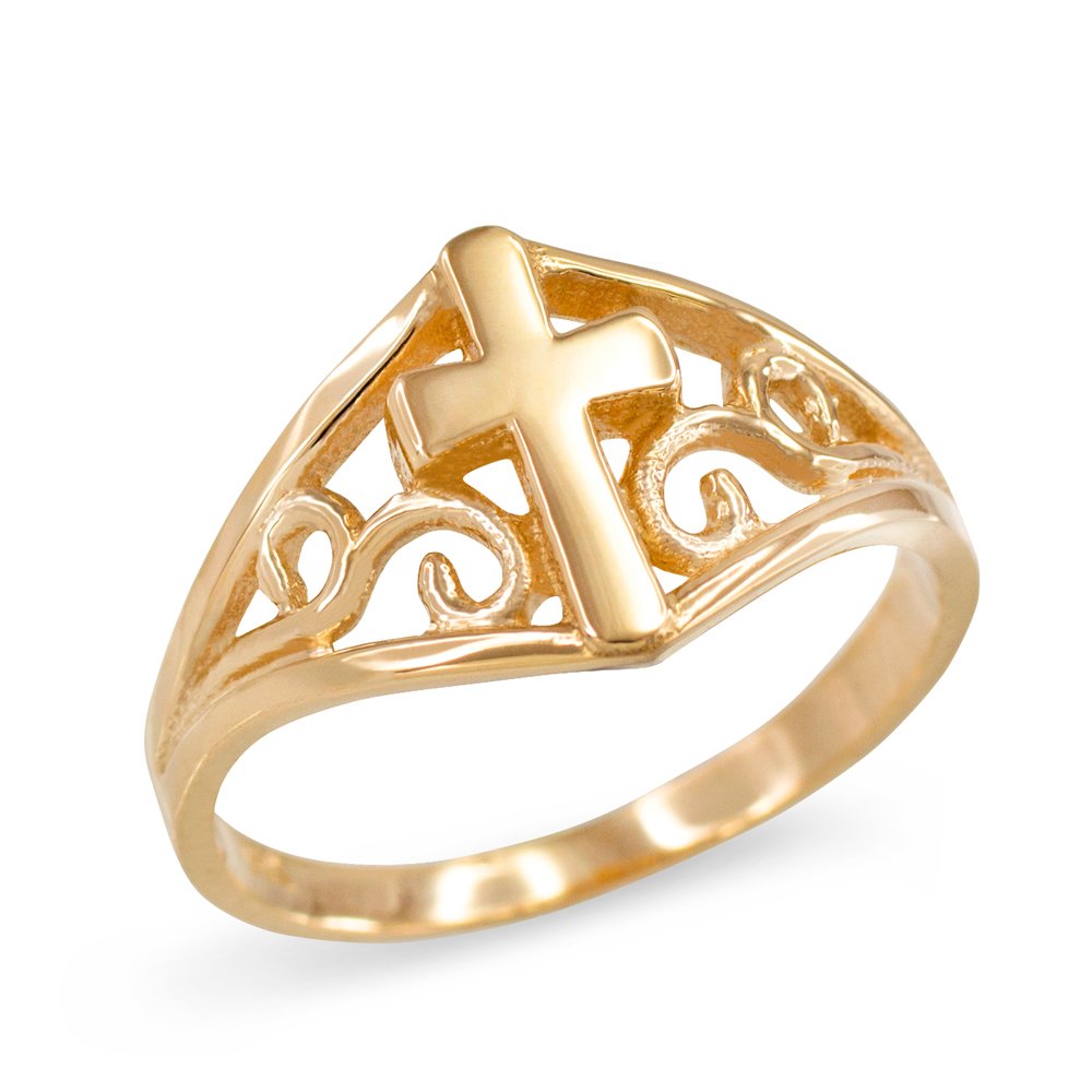 Religious Jewelry Filigree Cross Ring for Women in Fine 10k Yellow Gold (Size 10)